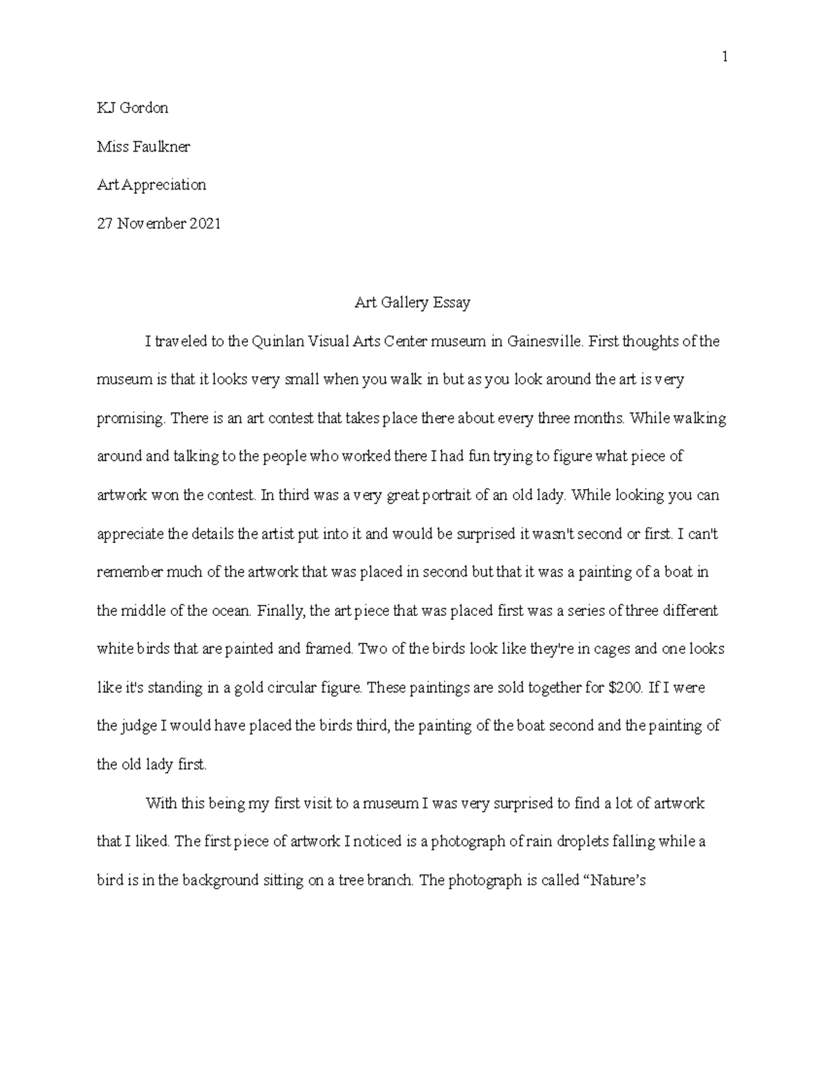Art Gallery Essay - 1 KJ Gordon Miss Faulkner Art Appreciation 27 ...