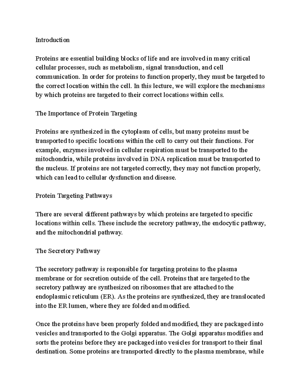 Protein Targeting Notes 1- Google Docs - Introduction Proteins are ...