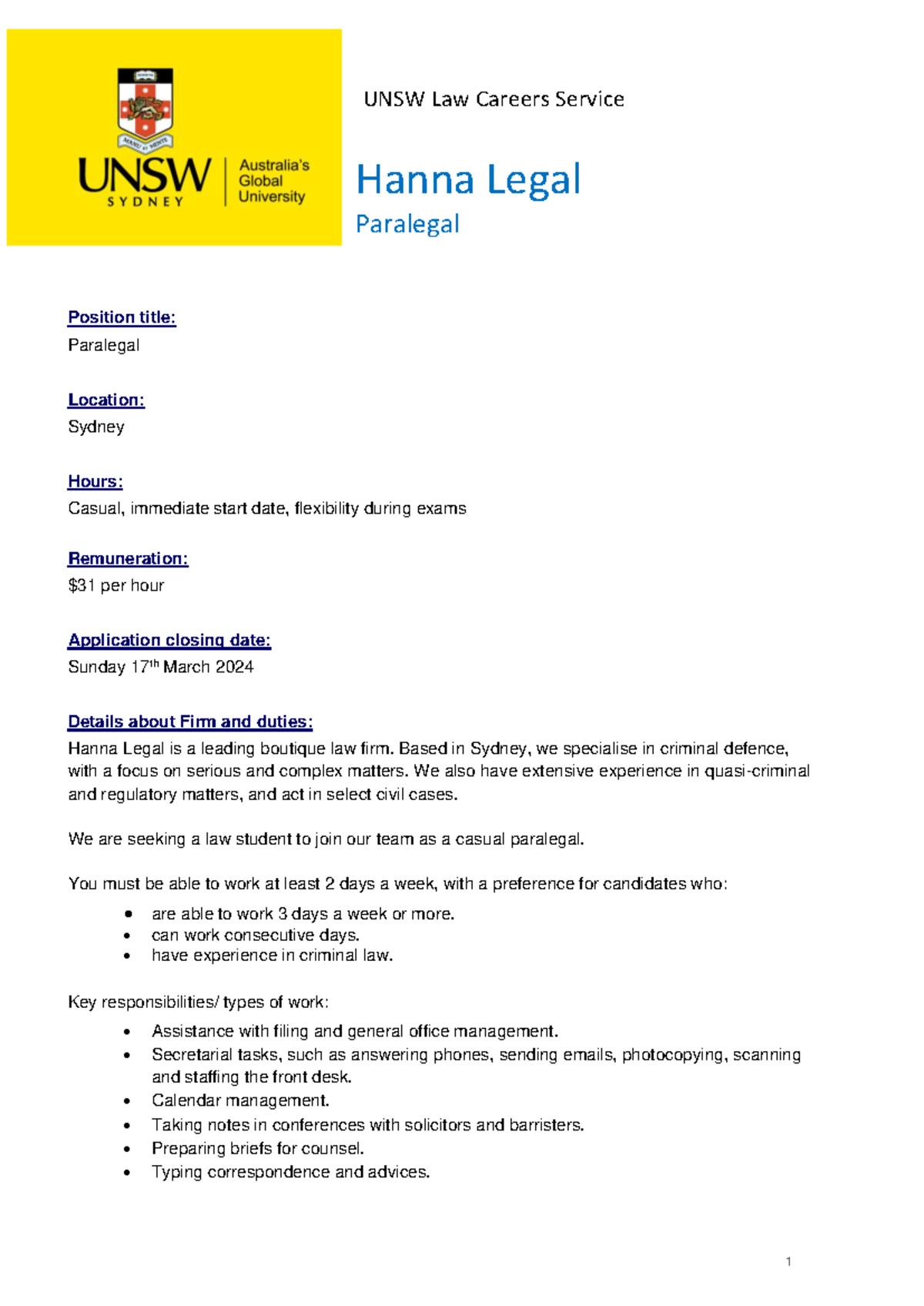 Hanna legal - paralegal - 1 Hanna Legal Paralegal UNSW Law Careers ...