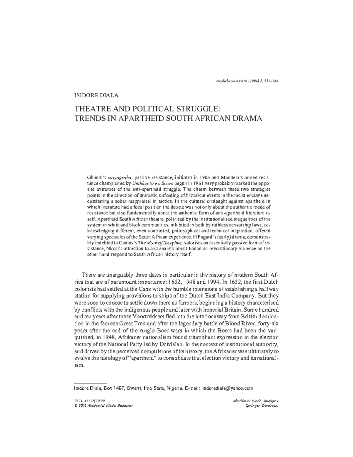 Theatre AND Political Struggle: Trends IN Apartheid South African Drama ...