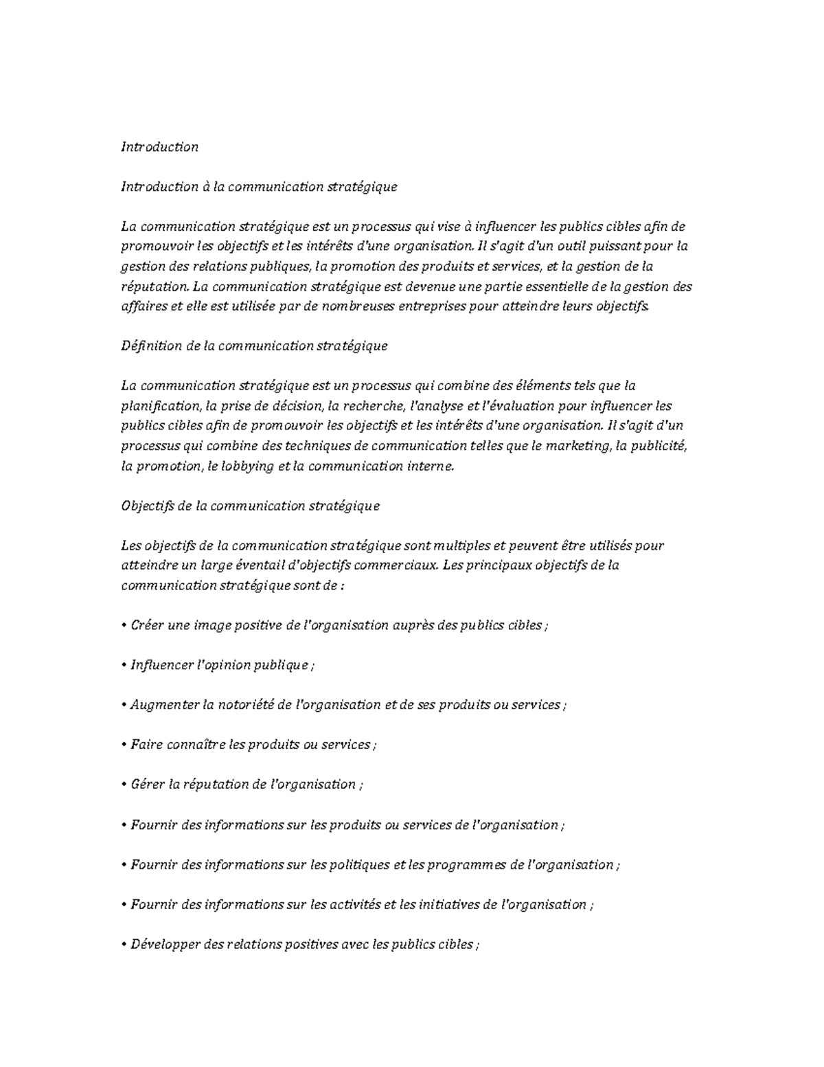 Strategic Communications Study Notes - Introduction Introduction à la ...