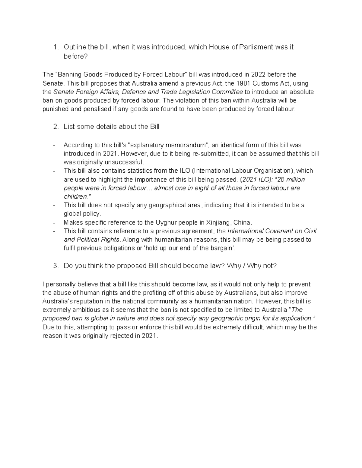 Bill Process Legal Task - 1. Outline the bill, when it was introduced ...