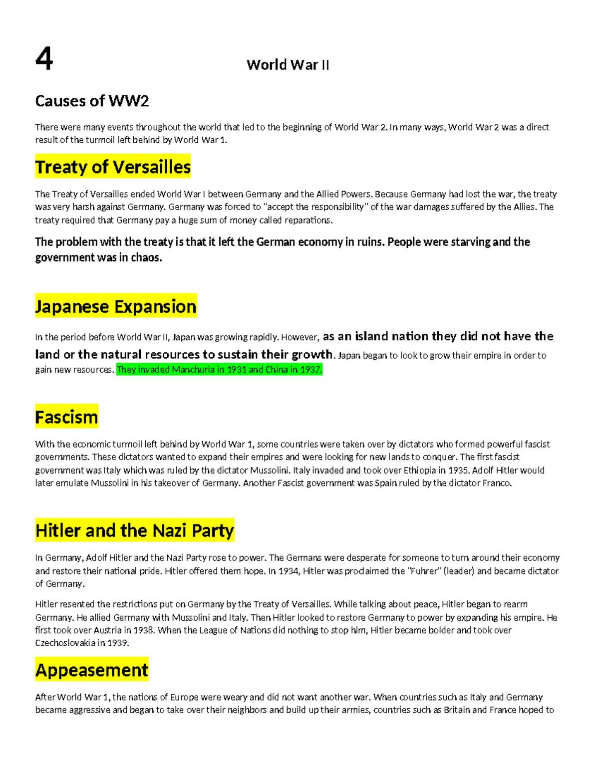 4 Causes of WW2 (1) (1)111 - 4 World War II Causes of WW There were ...