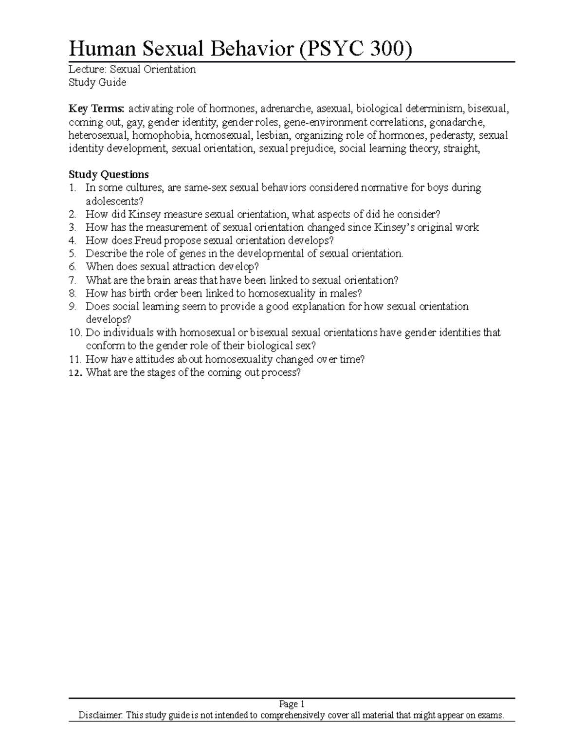 Study Guide (Sexual Orientation) - Human Sexual Behavior (PSYC 300 ...