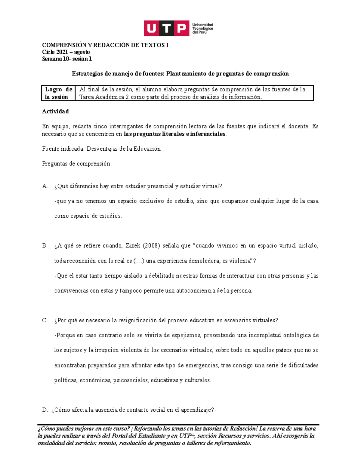 Preguntas sobre las diferencias de las clases - COMPRENSIÓN Y REDACCIÓN ...