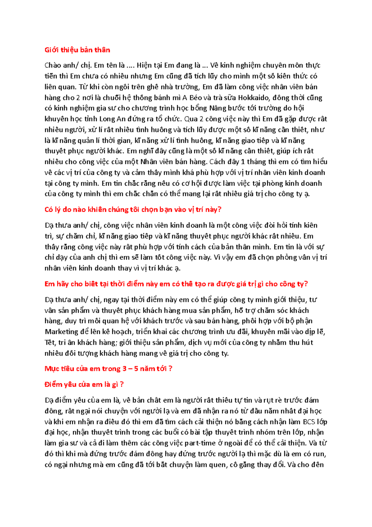 Tổng hợp một số câu trả lời phỏng vấn - Gi ới thi u b n thân ệ ả Chào anh/ ch. Em tên là .... Hi ...
