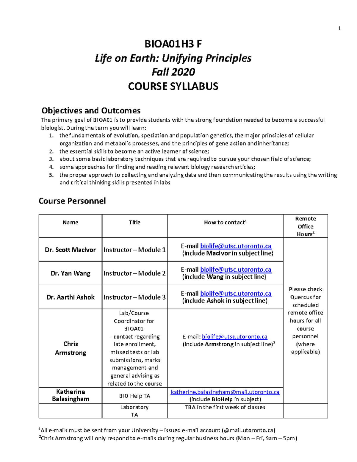 BIO+A01+F2020+Syllabus - BIOA01H3 F Life on Earth: Unifying Principles ...