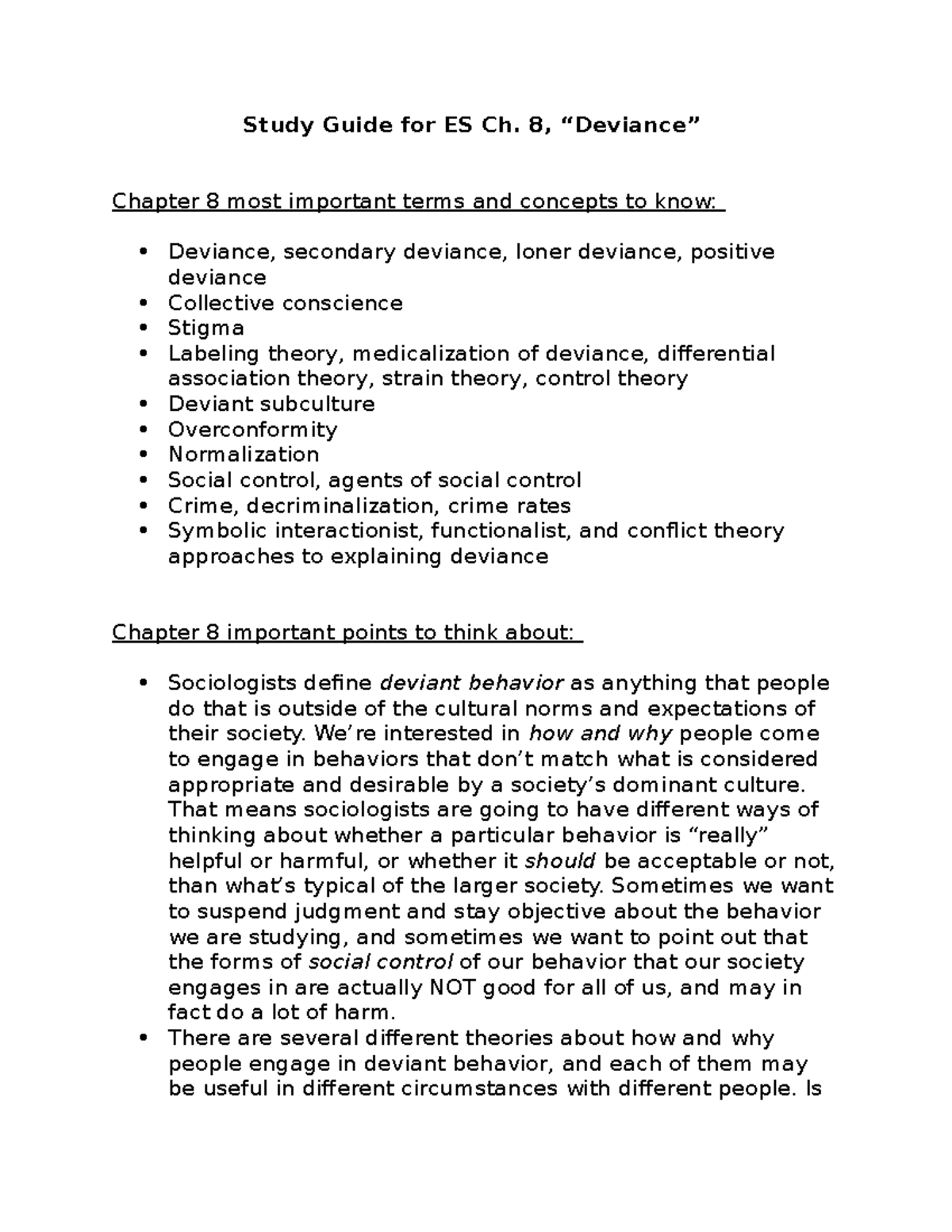 Ch. 8 Deviance study guide - Study Guide for ES Ch. 8, “Deviance ...