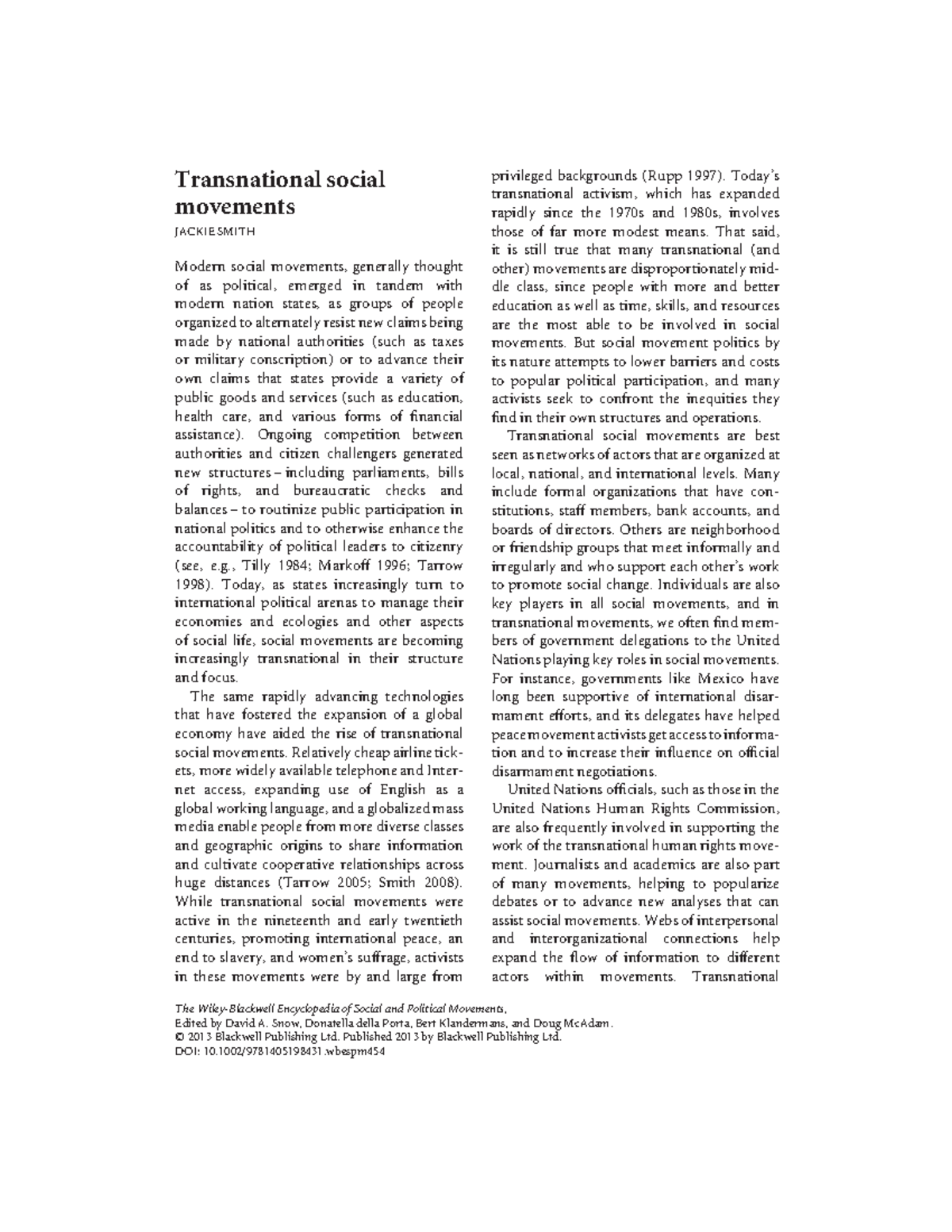 Smith 2013 - Transnational social movements JACKIE SMITH Modern social ...