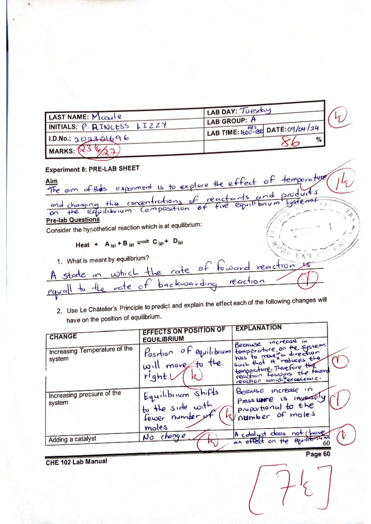Pre lab Che 102 - Chemistry pre- lab answers - LAB DAY: Tuesday LAST ...
