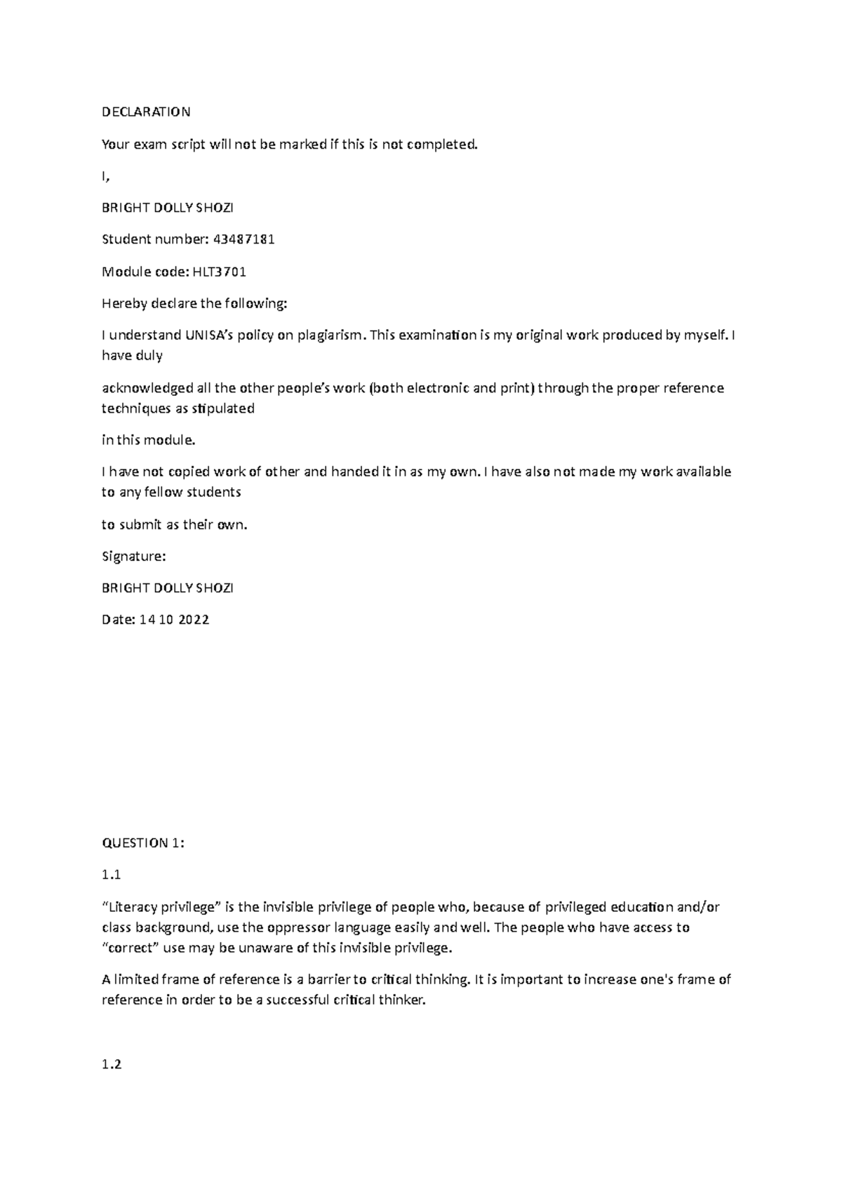 (HLT3701 exam - assignment - DECLARATION Your exam script will not be ...