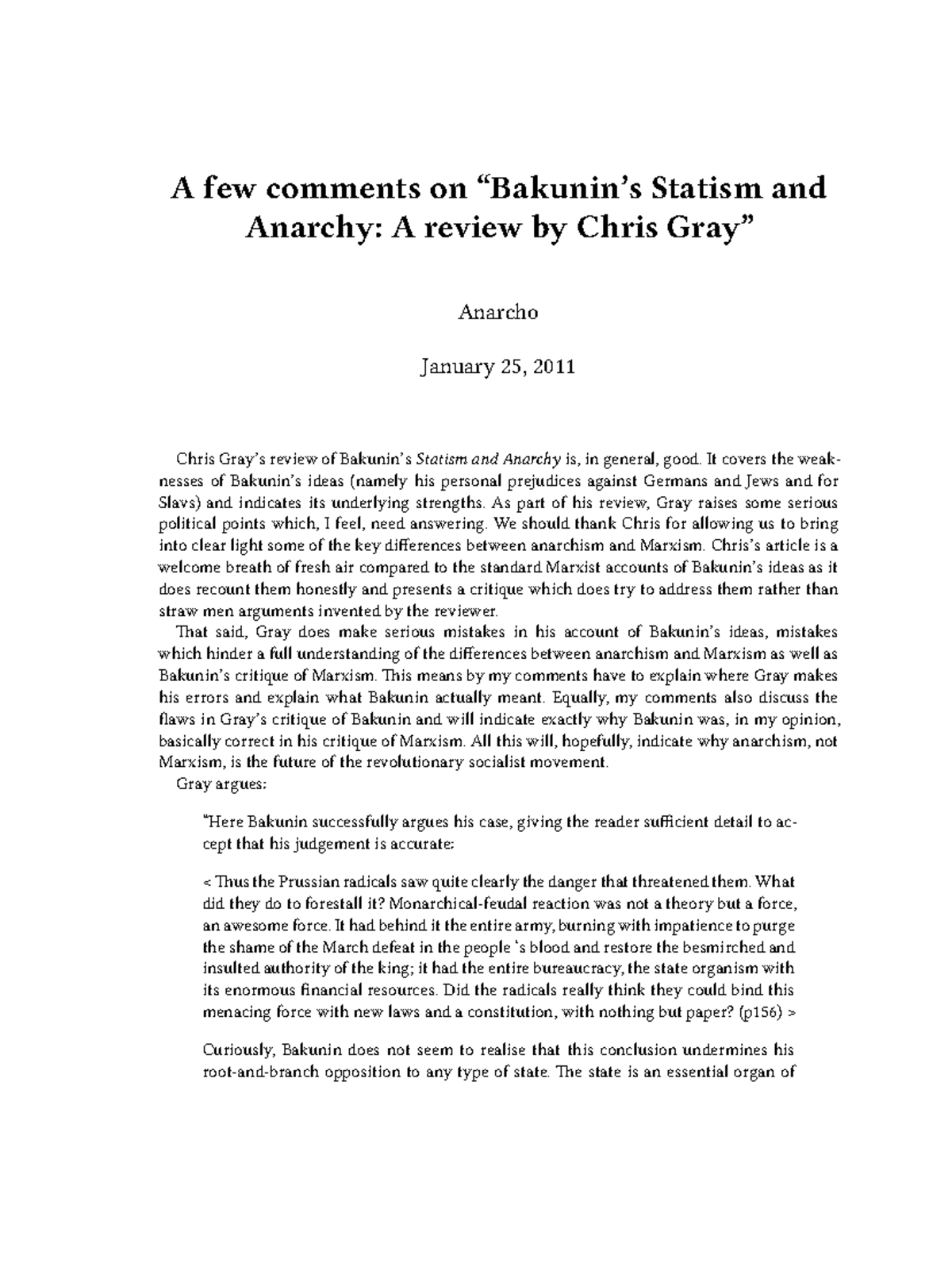 Anarcho a few comments on bakunin s statism and anarchy a review by ...