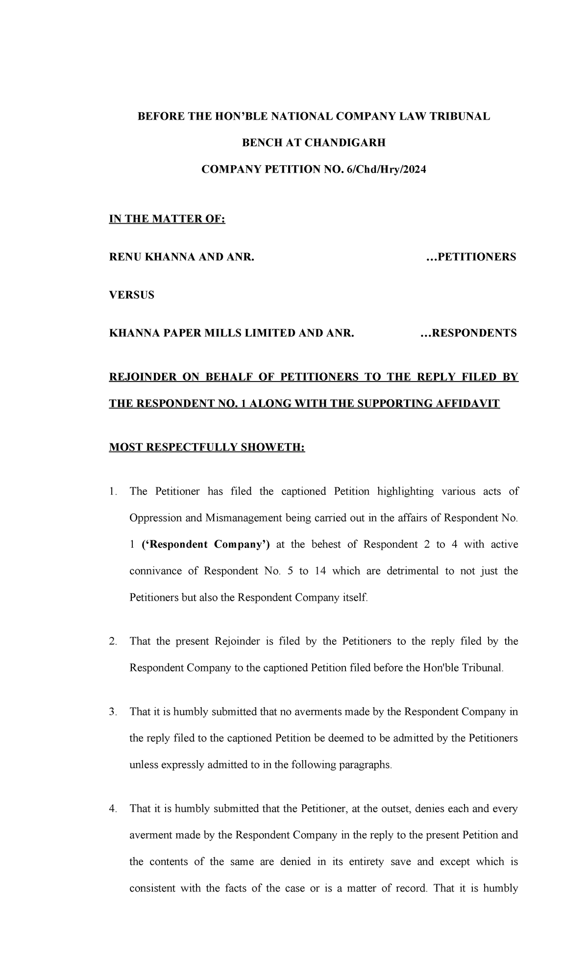 Final Rejoinder R1 Clean - BEFORE THE HON’BLE NATIONAL COMPANY LAW ...