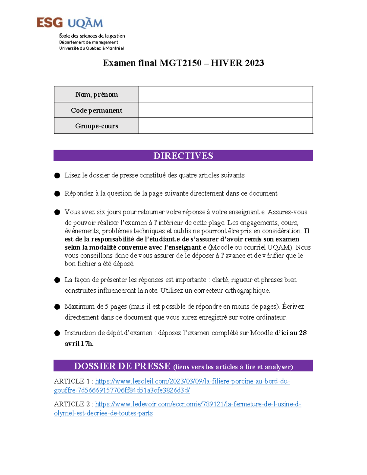 2023 EF-MGT2150-H2023-gabarit - Examen final MGT2150 – HIVER 2023 Nom ...