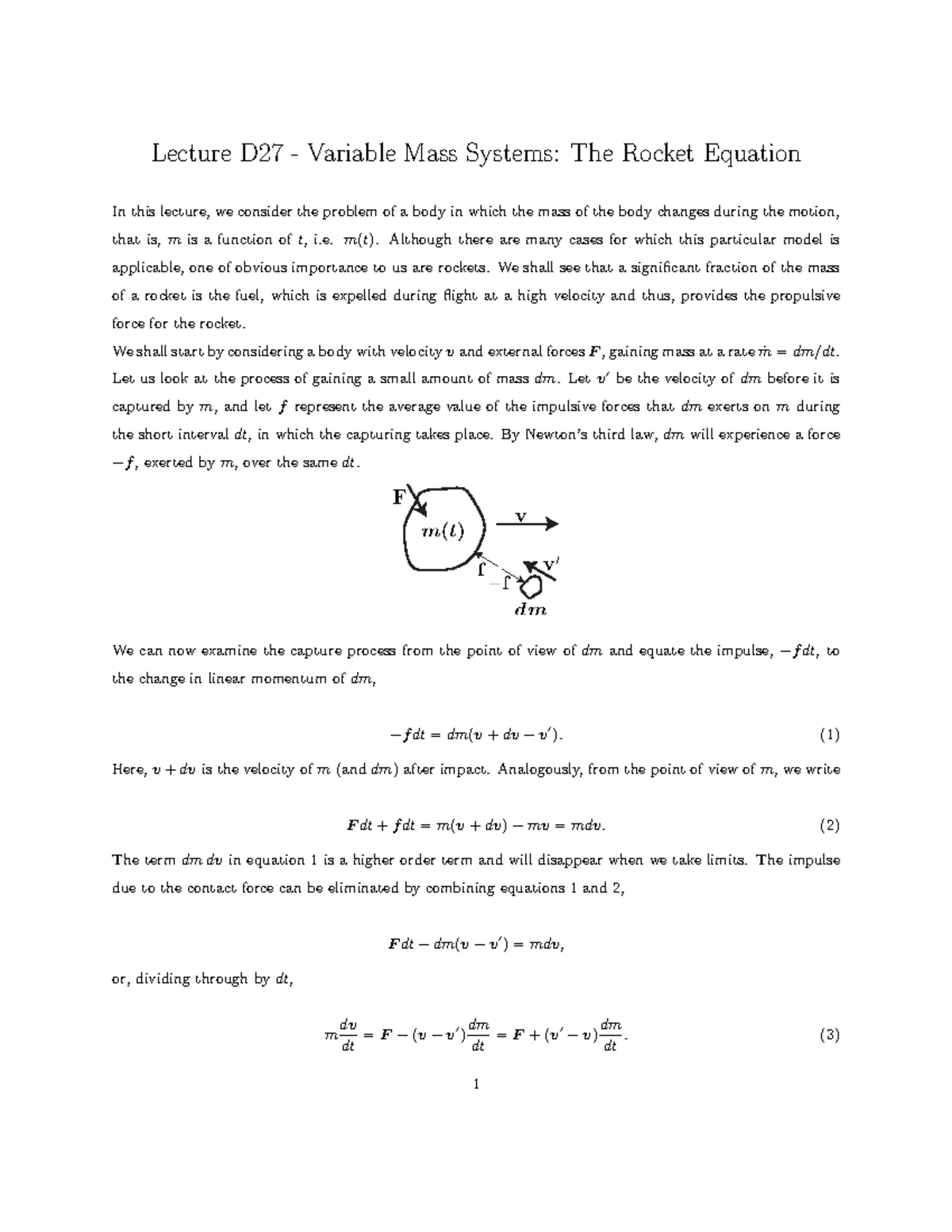 Momentum of variable-mass system motion of rocket - Lecture D27 - Variable Mass Systems: The ...