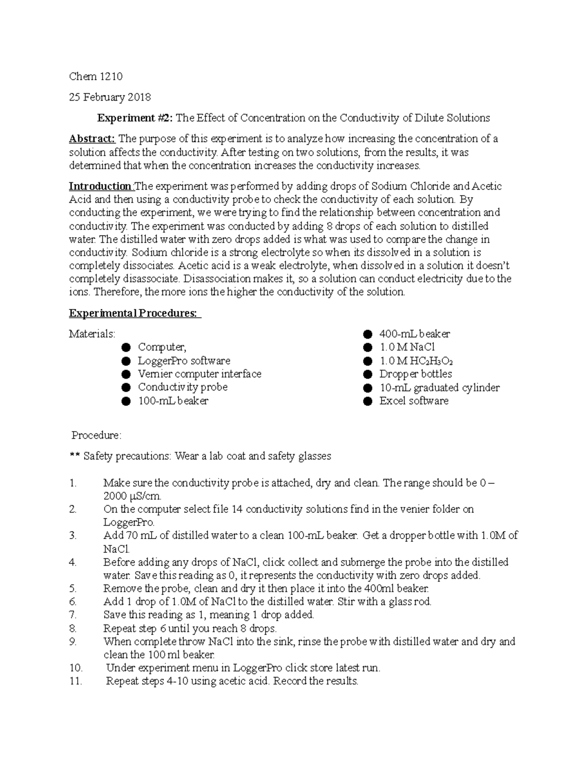 Lab 2 - Chemistry 1210 Lab report containing an abstract, introduction ...