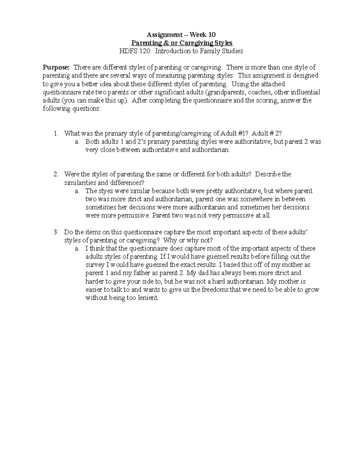 HDFS 120 assign 8 - Assignment – Week 10 Parenting & or Caregiving ...