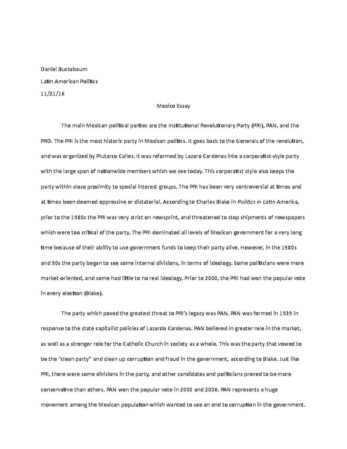 LA Mexico essay - Grade: B - Daniel Bucksbaum Latin American Politics ...