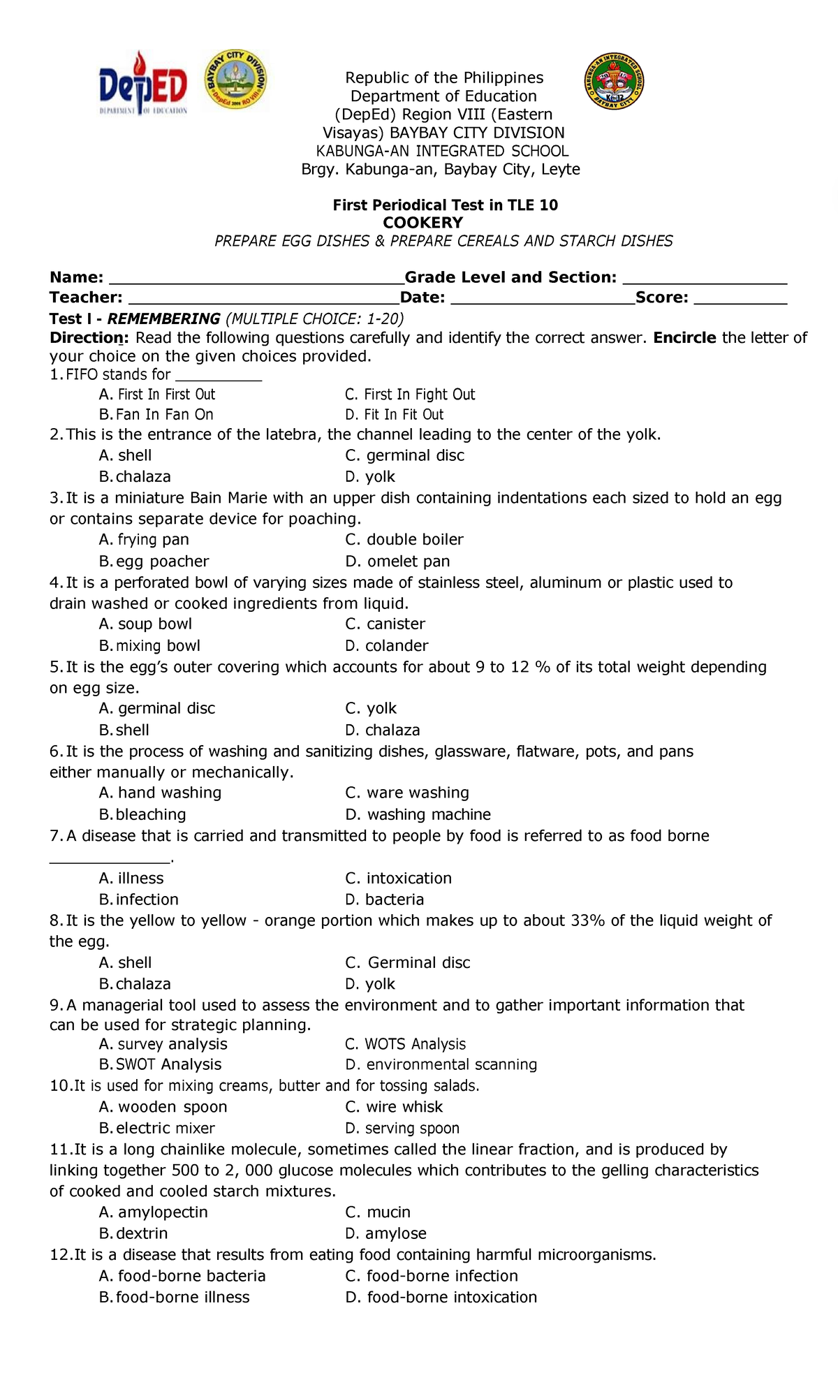 421561079 1st Quarter TQ in Cookery 10 - Republic of the Philippines ...