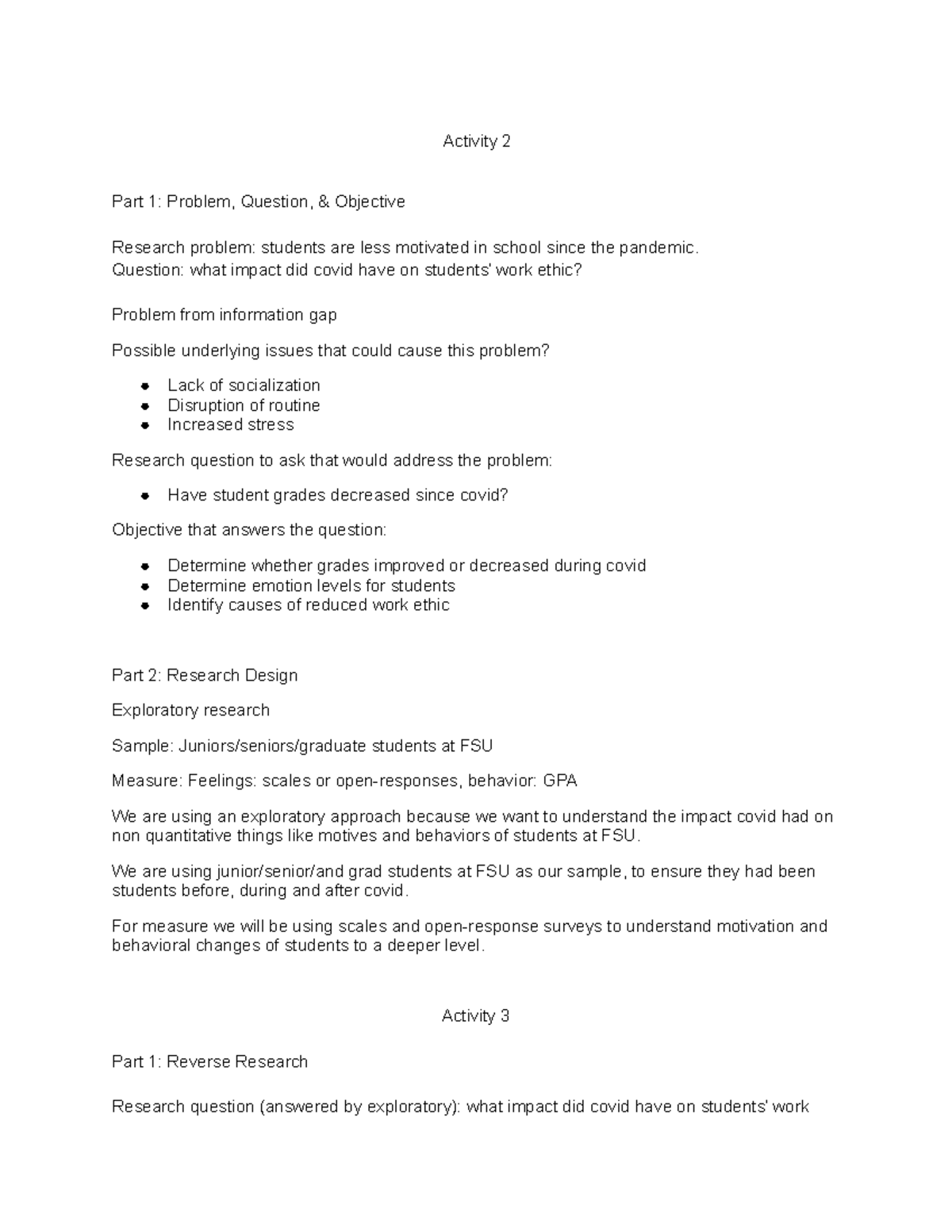 Class activities - Activity 2 Part 1: Problem, Question, Objective ...