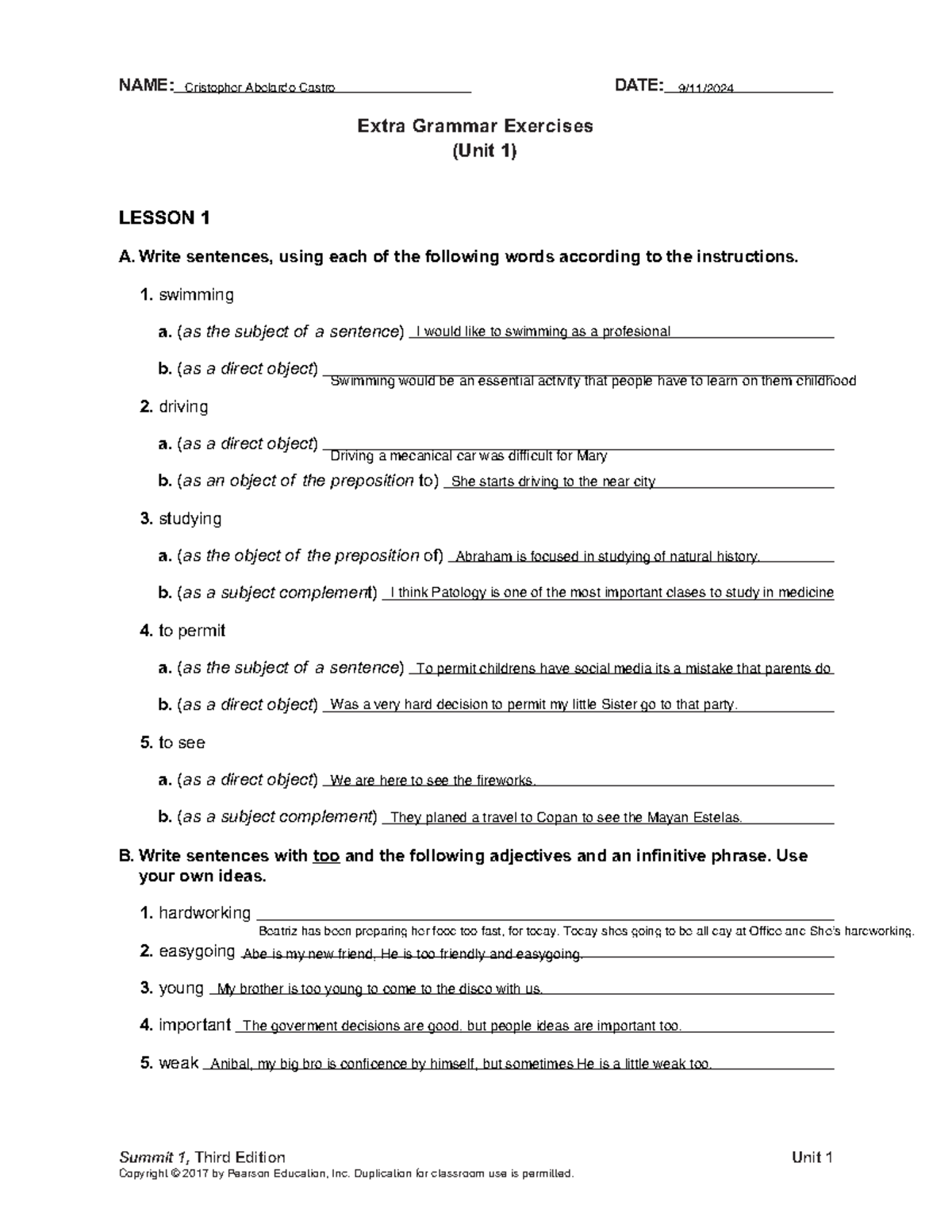 1. Grammar unit 1 - Extra grama excercies tareas - NAME: DATE: Summit 1, Third Edition Unit 1 ...