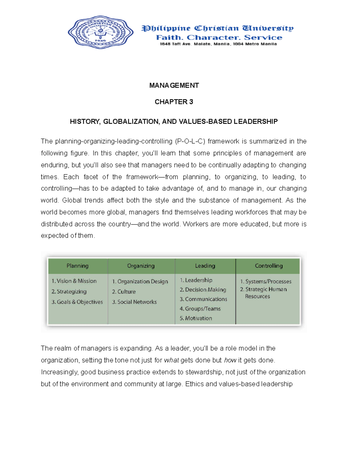 Chapter 3-History, Globalization, and Values-Based Leadership - MANAGEMENT CHAPTER 3 HISTORY ...