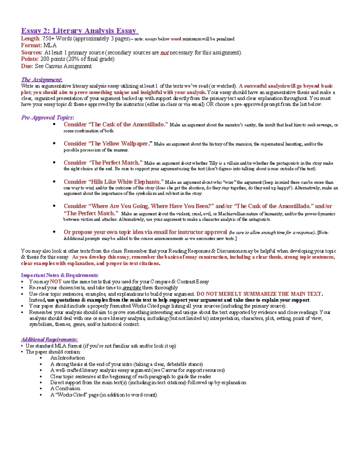 Essay 2 - Literary Analysis Assignment Sheet Sum - Essay 2: Literary ...