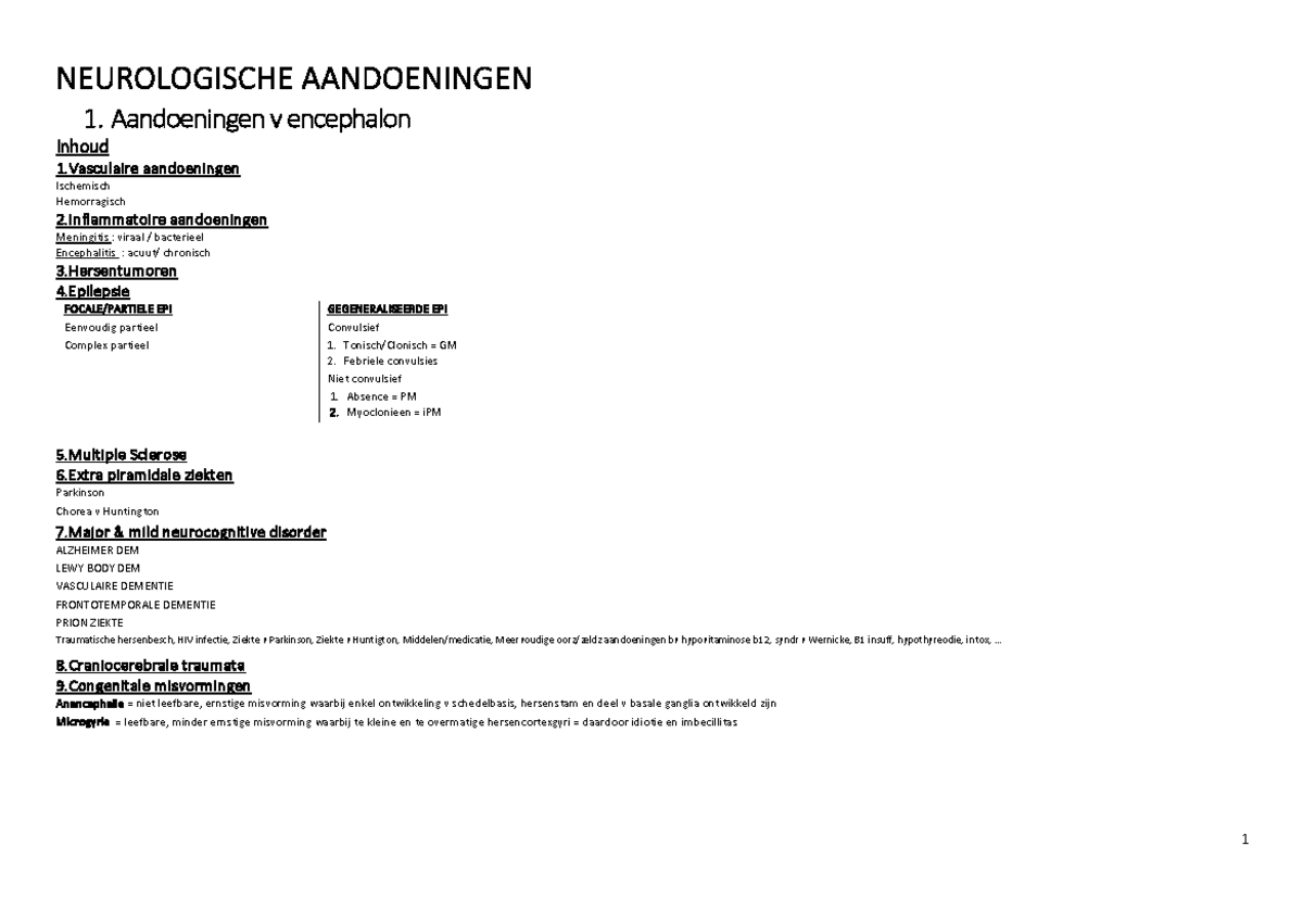 Neurologische Aandoeningen - NEUROLOGISCHE AANDOENINGEN 1. Aandoeningen ...