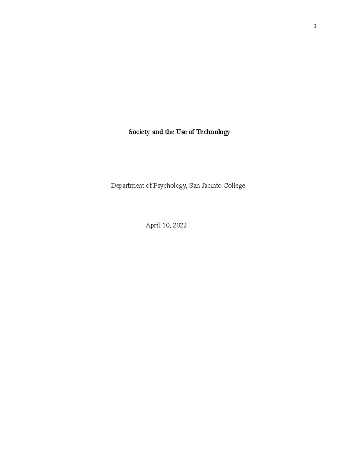 Psych Essay Sample - Society and the Use of Technology Department of ...