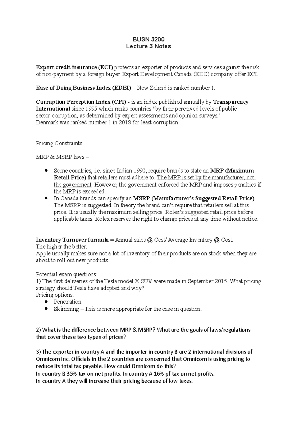BUSN 3200 - Class 3 notes - BUSN 3200 Lecture 3 Notes Export credit ...