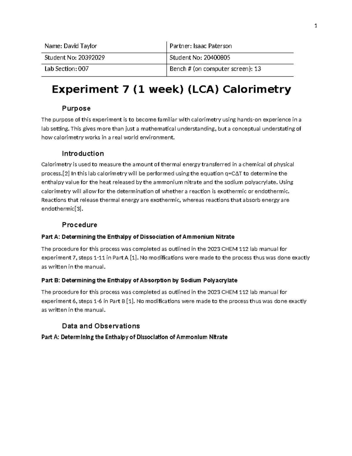 Calorimetry Lab for CHEM 112 full - Name: David Taylor Partner: Isaac ...