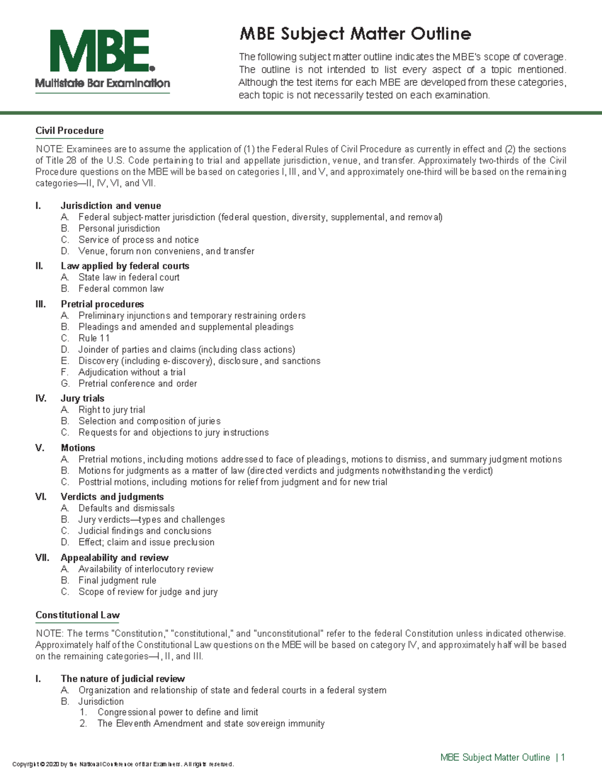 MBE Subject Matter Outline - The outline is not intended to list every aspect of a topic ...
