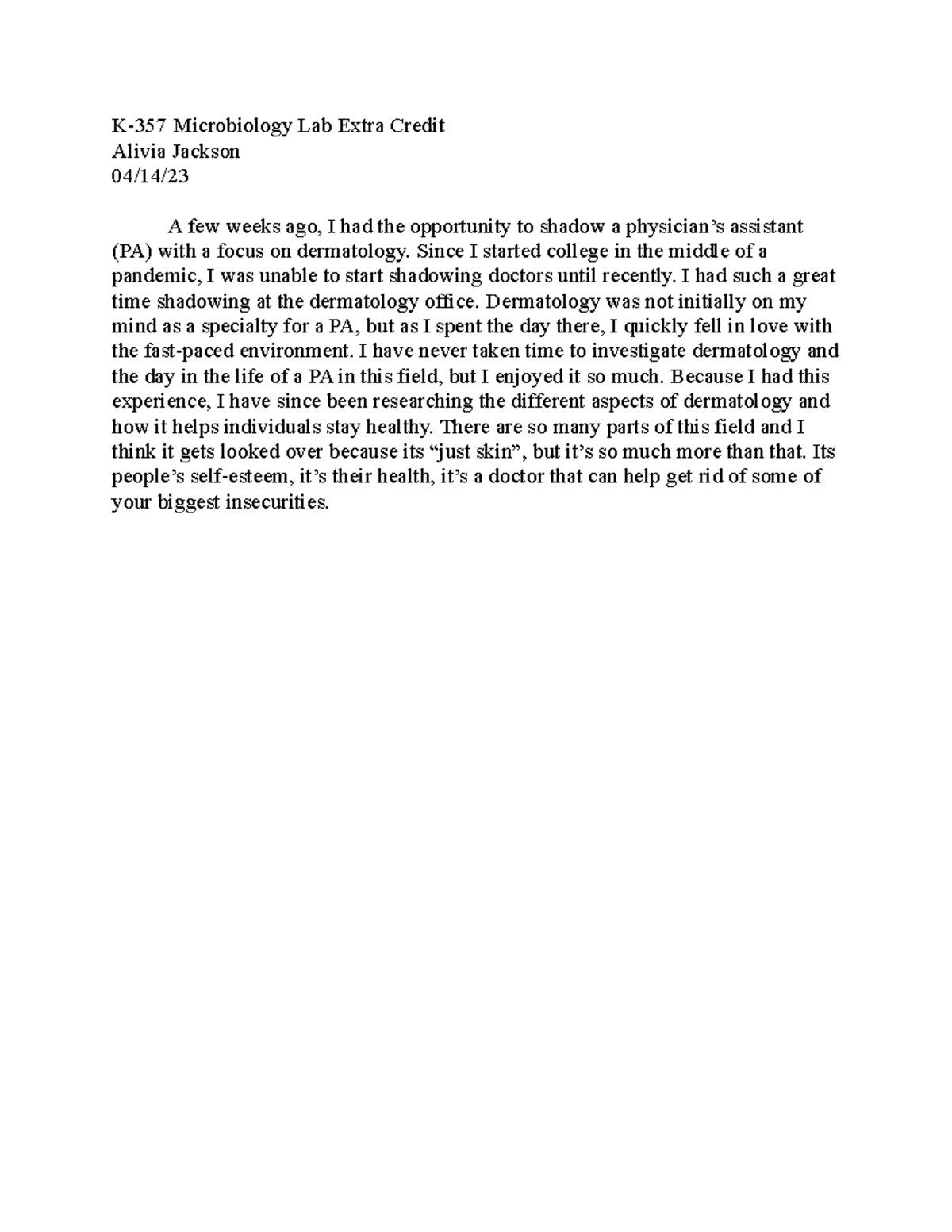 Extra credit - jkadncdsac - K-357 Microbiology Lab Extra Credit Alivia ...