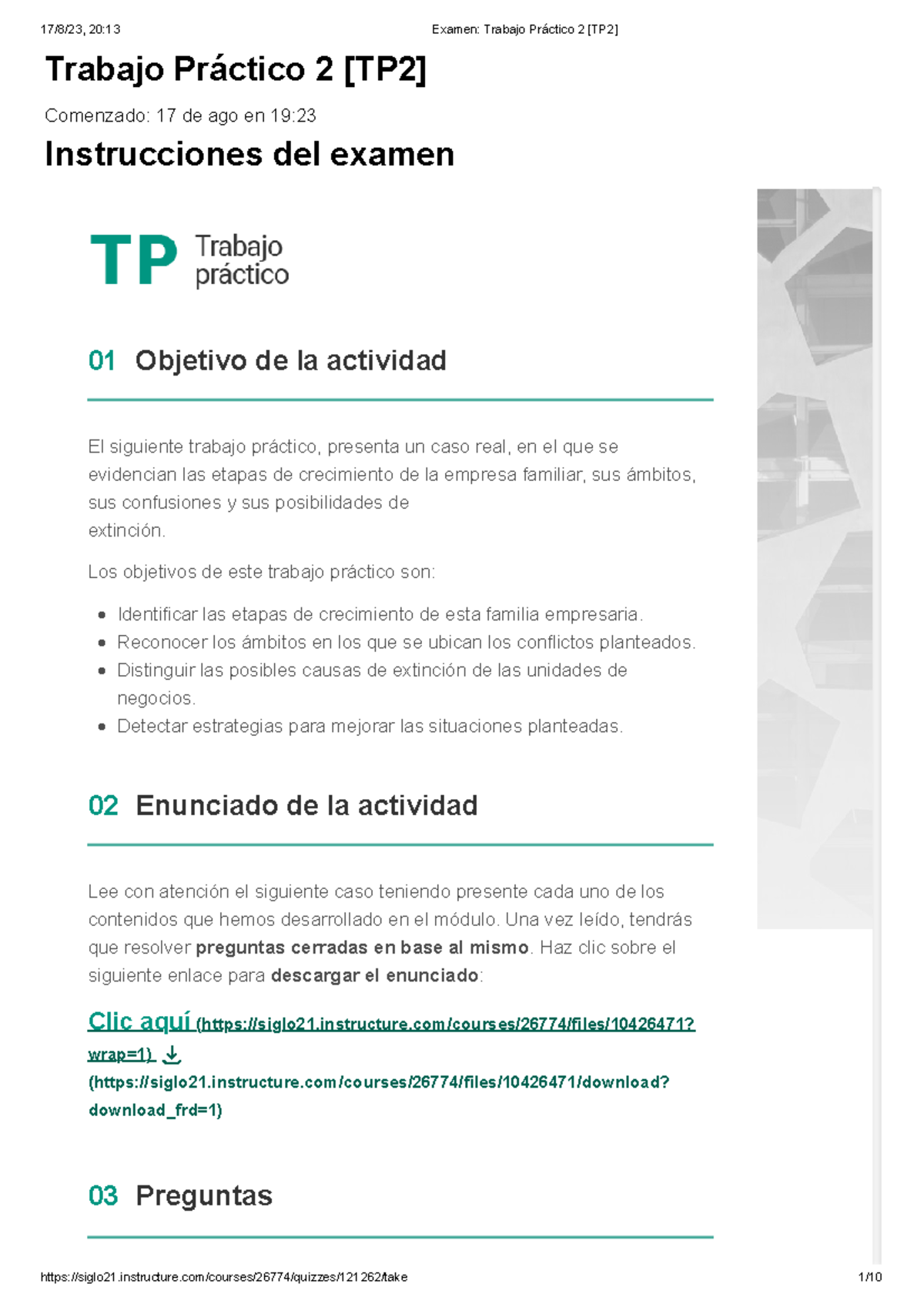 Examen Trabajo Práctico 2 [TP2].pdf intento 2 - Trabajo Práctico 2 [TP2] Comenzado: 17 de ago en ...
