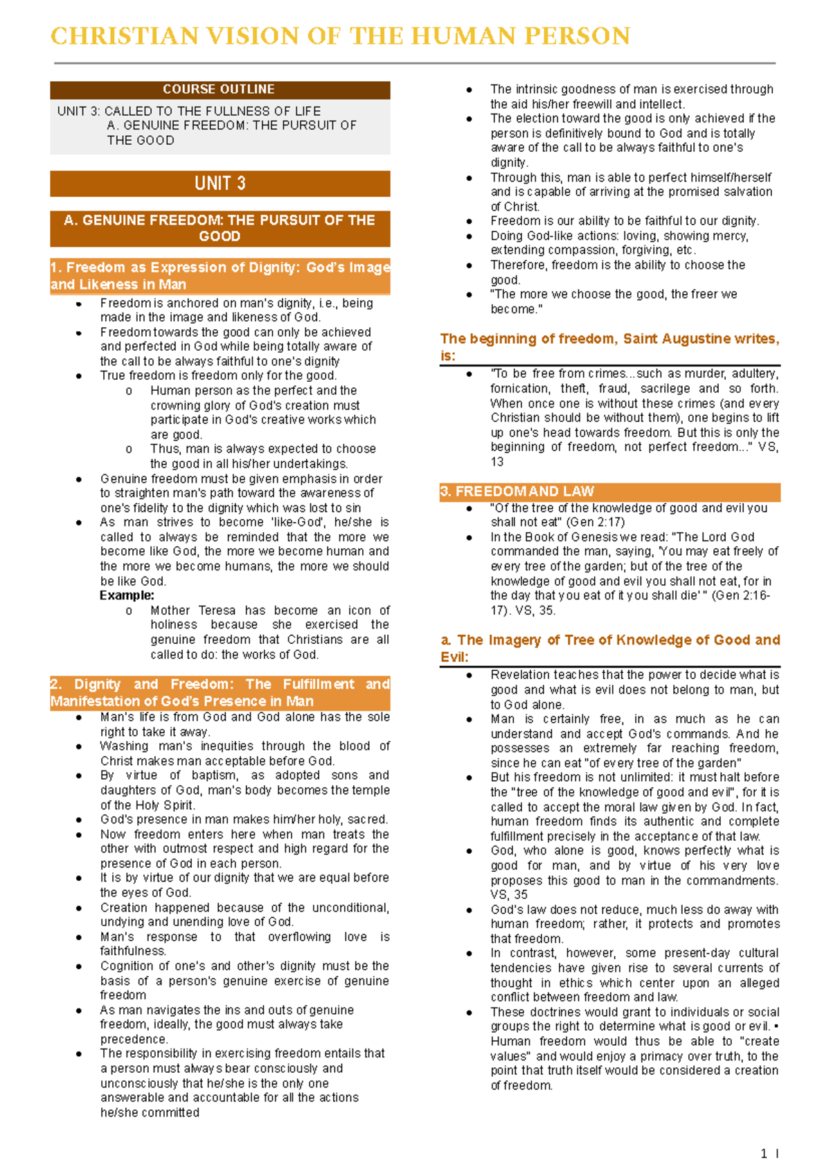 theology 1 finals - COURSE OUTLINE UNIT 3: CALLED TO THE FULLNESS OF ...