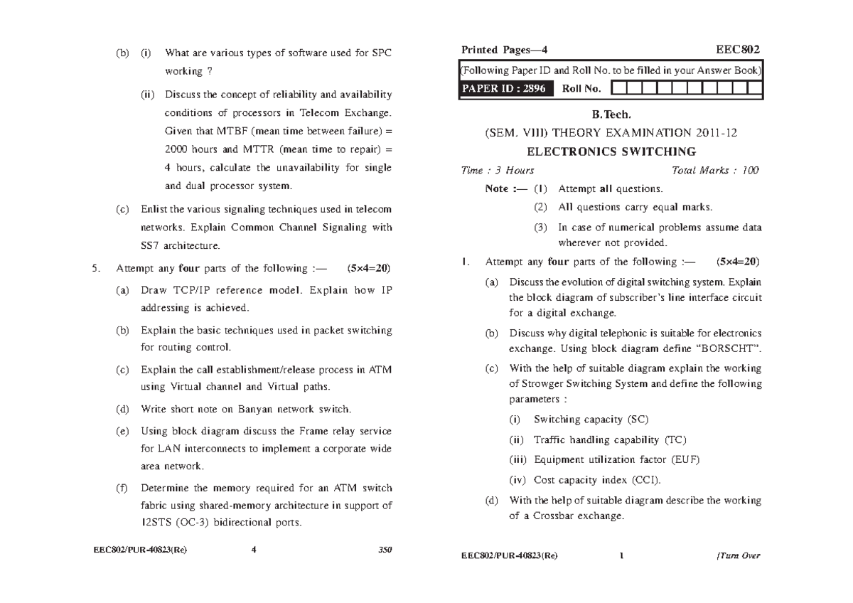 EEC802 - Printed Pages—4 EEC B. (SEM. VIII) THEORY EXAMINATION 2011- ELECTRONICS SWITCHING Time ...