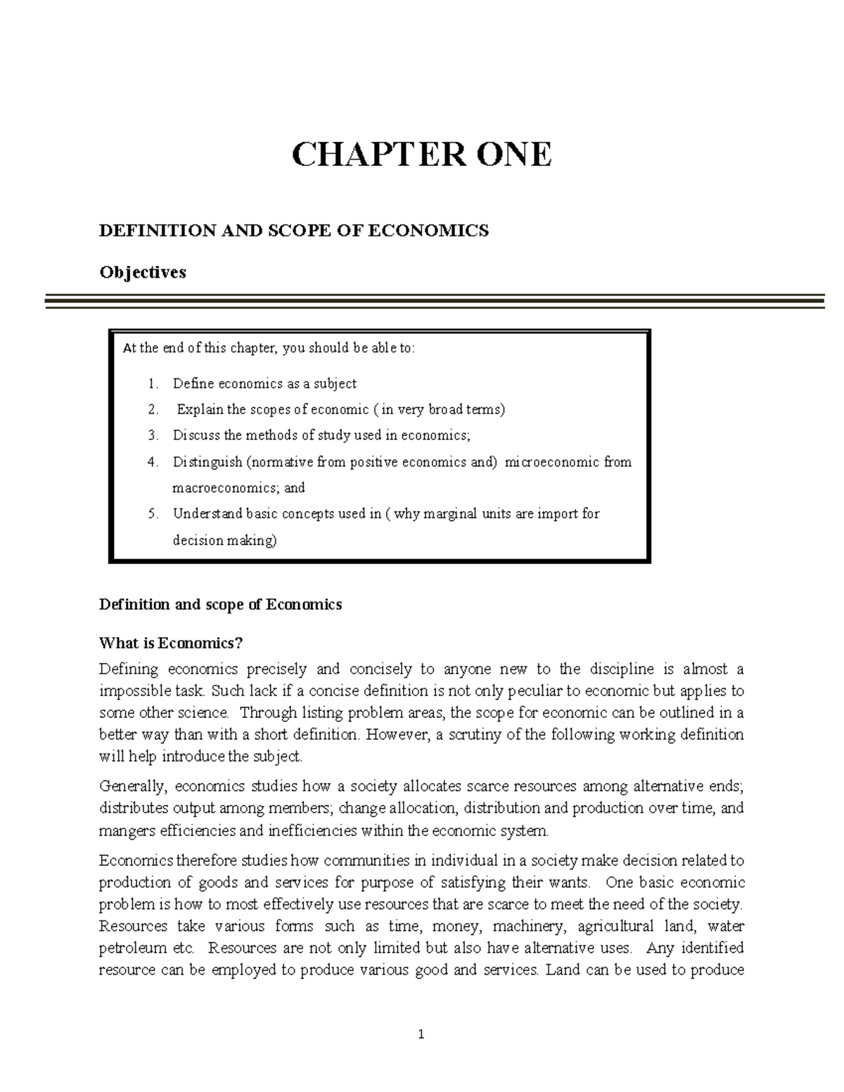 Introduction to Microeconomics Notes Extended - CHAPTER ONE DEFINITION ...