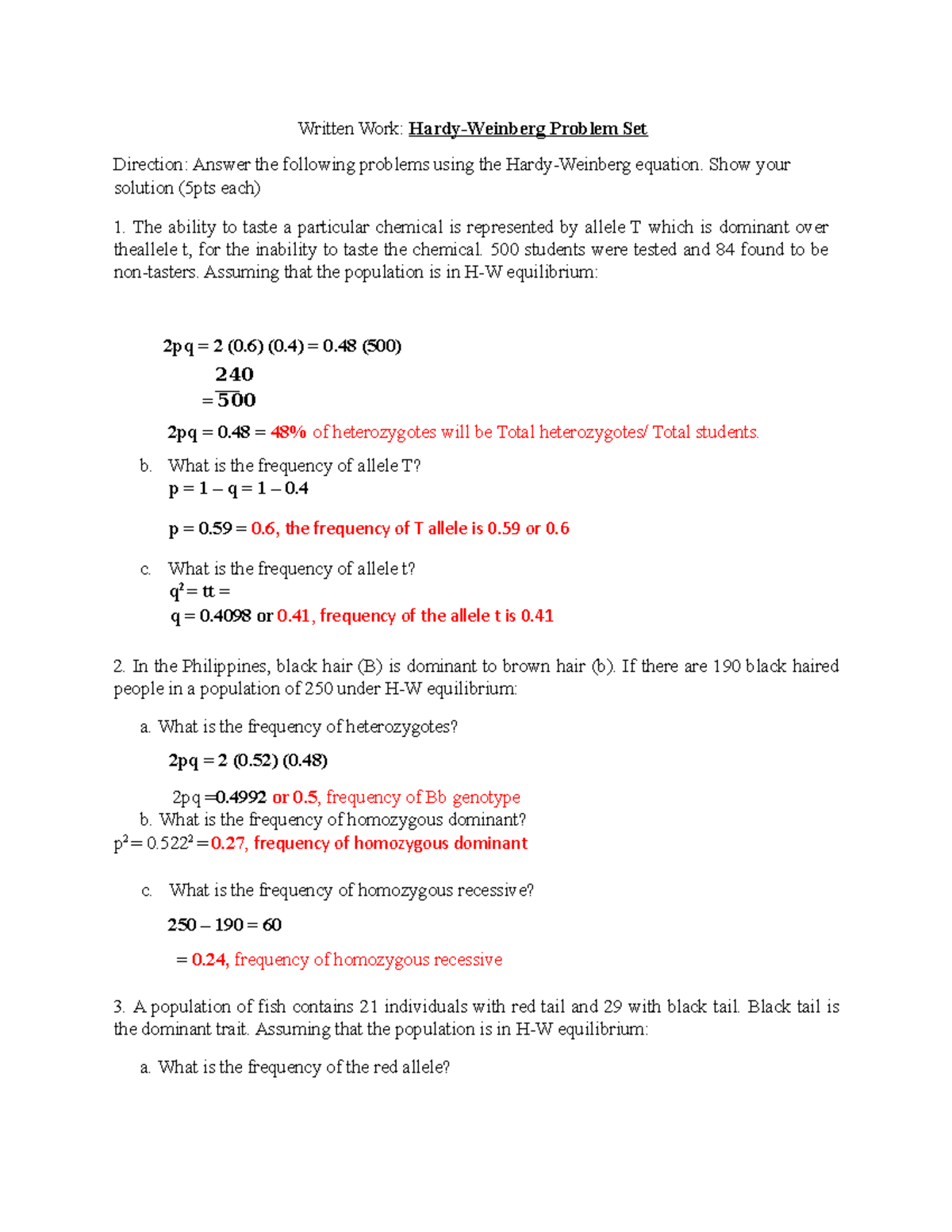 Worksheet BIO - Written Work: Hardy-Weinberg Problem Set Direction ...