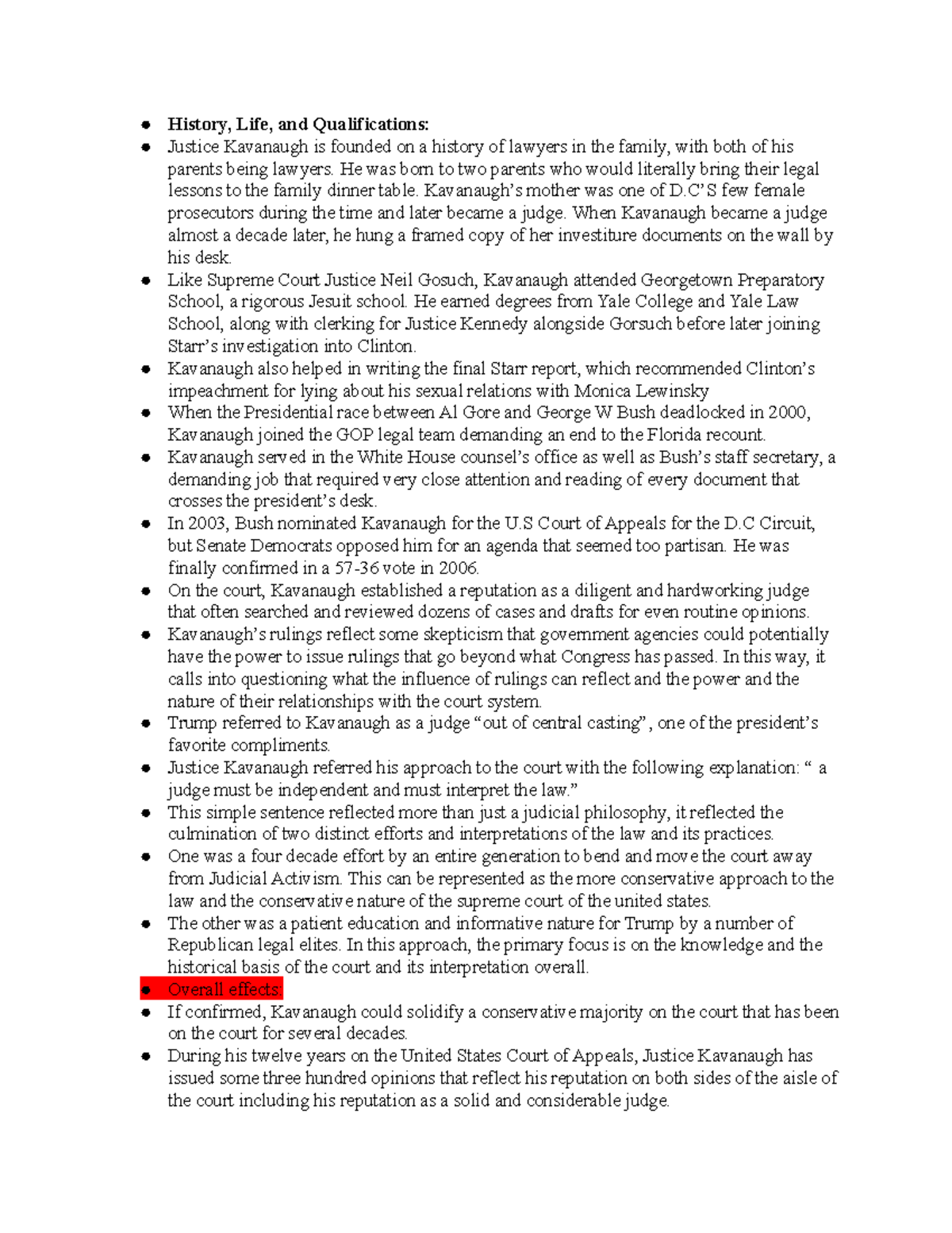 Justice Kavanaugh RP Notes - History, Life, and Qualifications: Justice ...