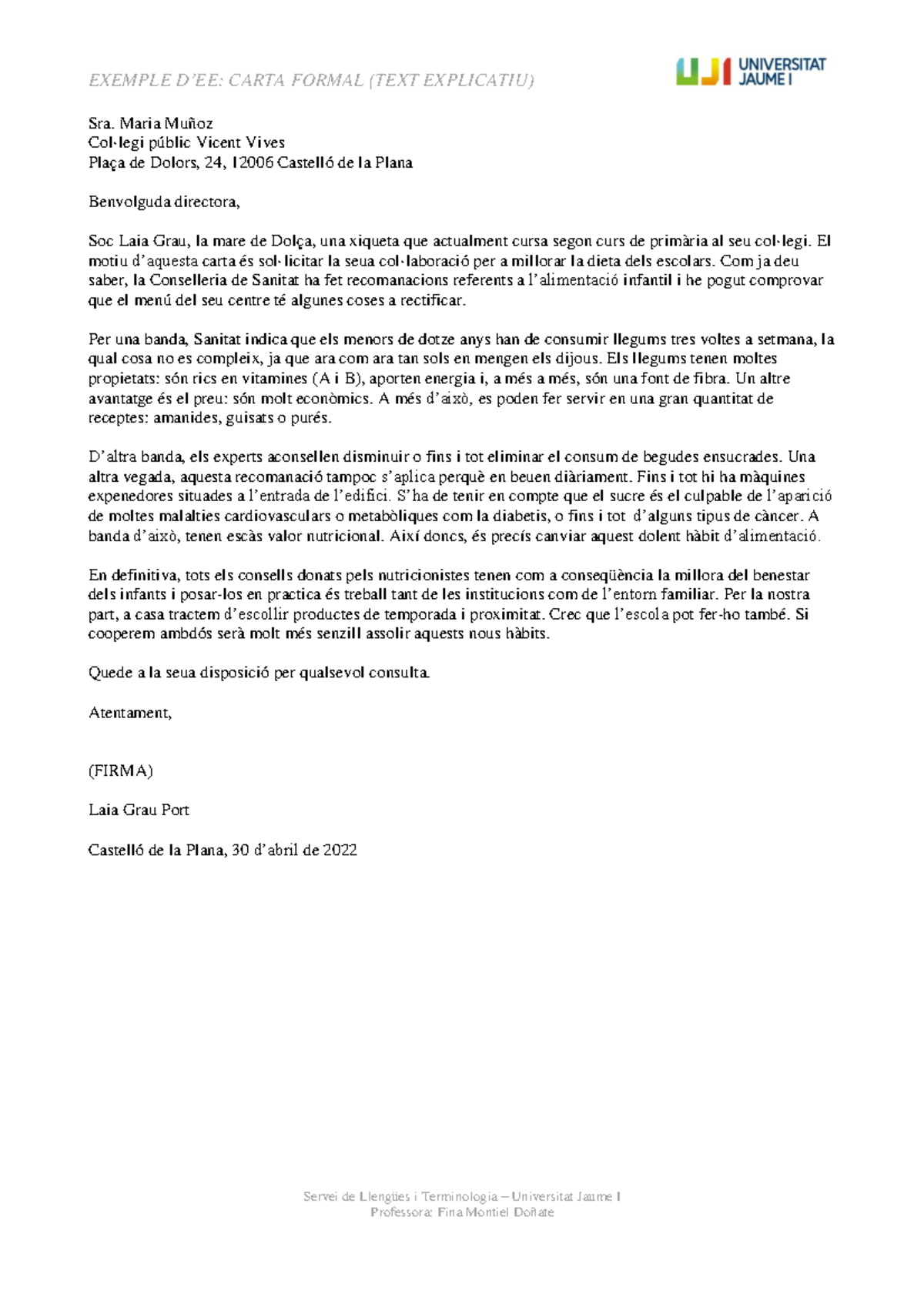Carta formal exemple - EXEMPLE D’EE: CARTA FORMAL (TEXT EXPLICATIU ...