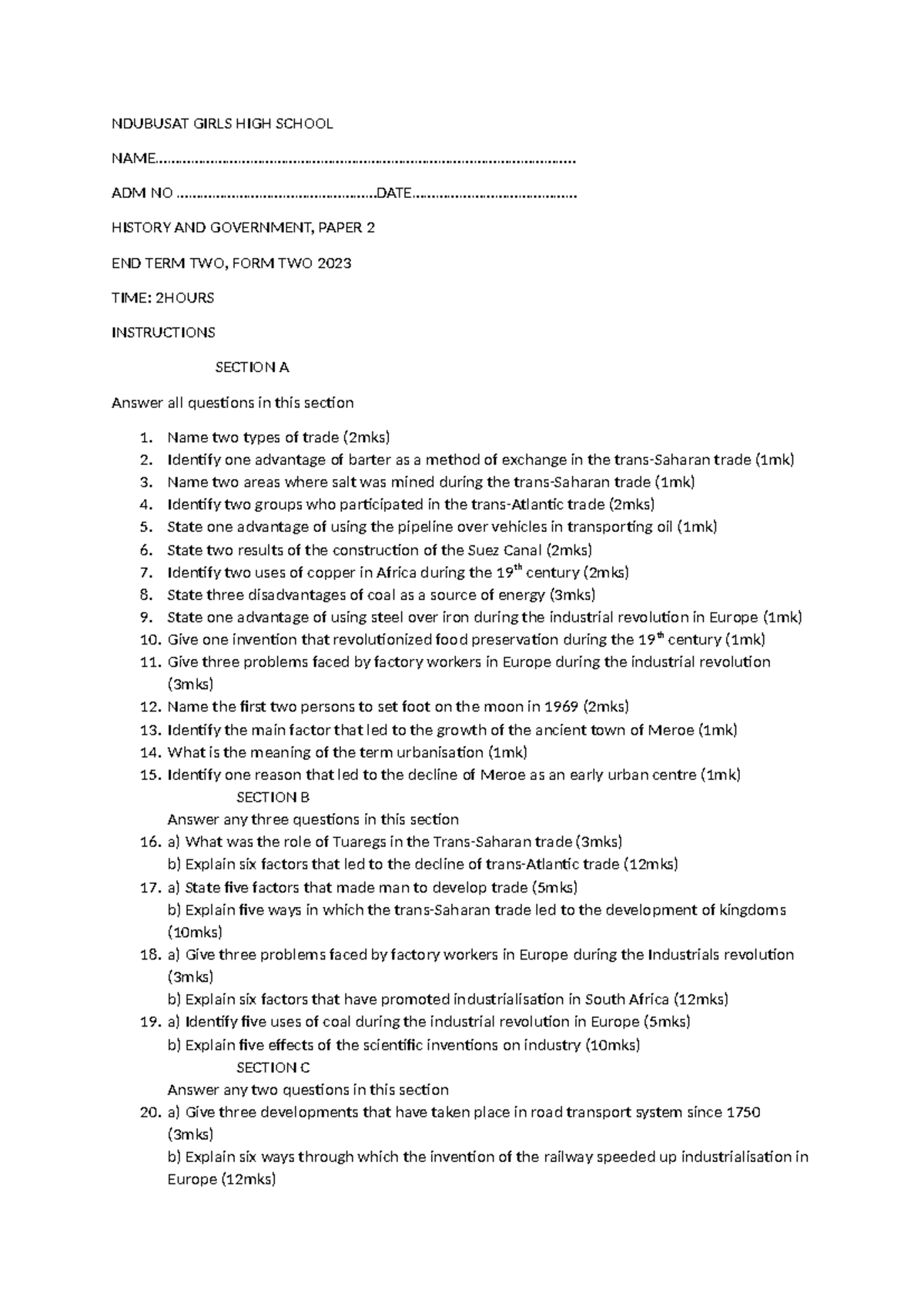 Evan hist f2 - bNotes and assignments - NDUBUSAT GIRLS HIGH SCHOOL ...