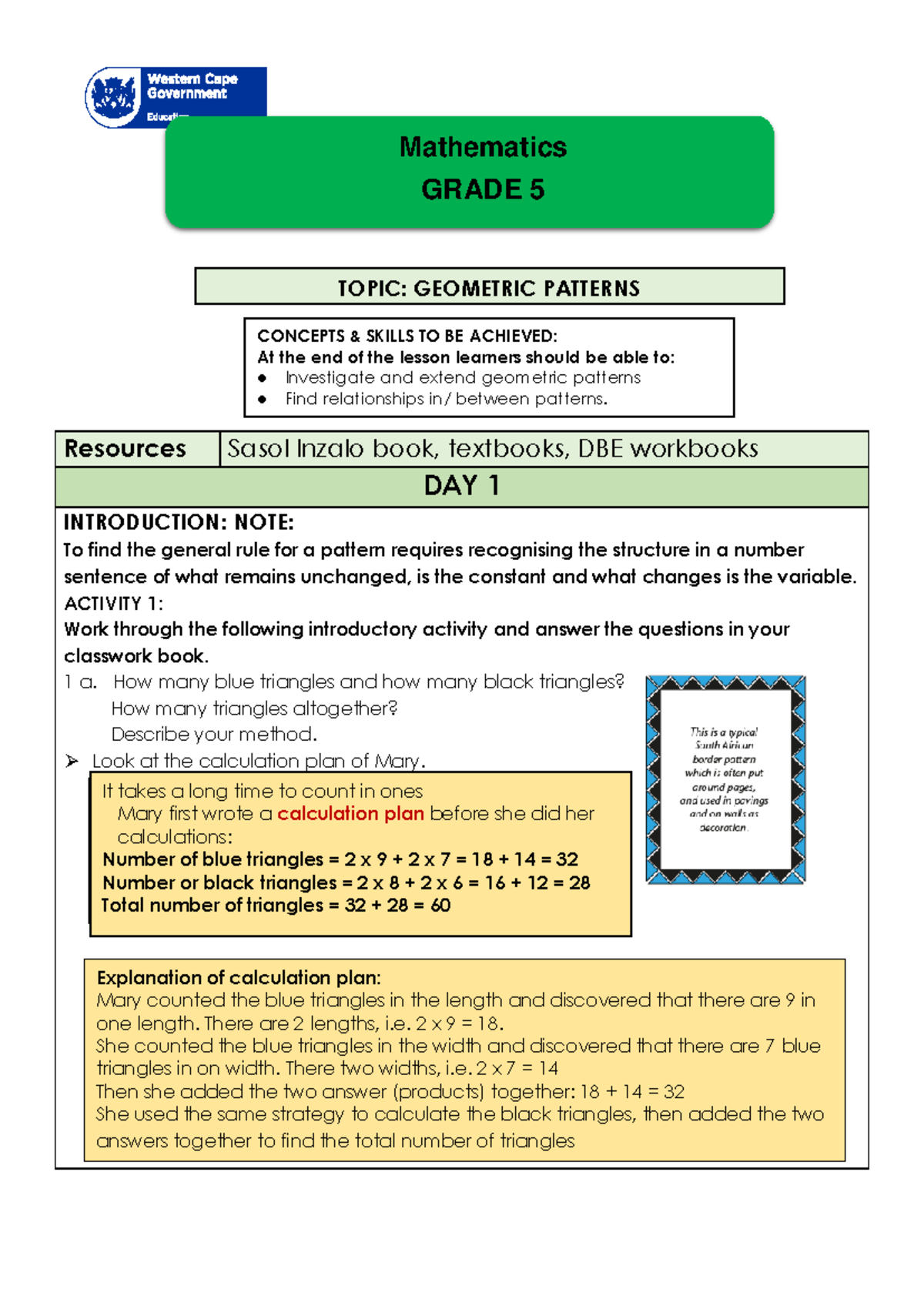 Lesson Plan GET IP Grade 5 Mathematics Term 2 Week 6 - Resources Sasol ...