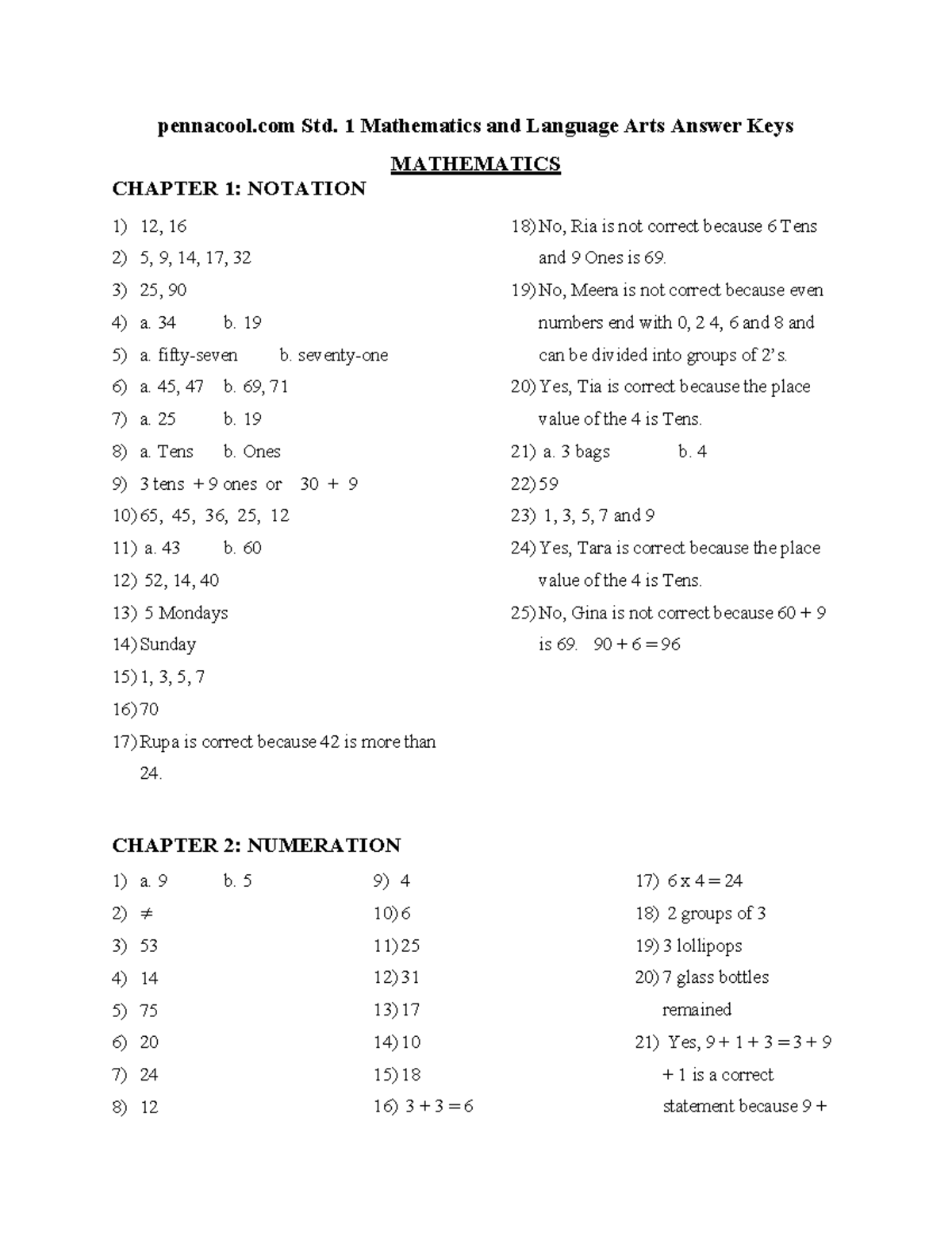 Std1 Answer Keys - pennacool Std. 1 Mathematics and Language Arts Answer Keys MATHEMATICS ...