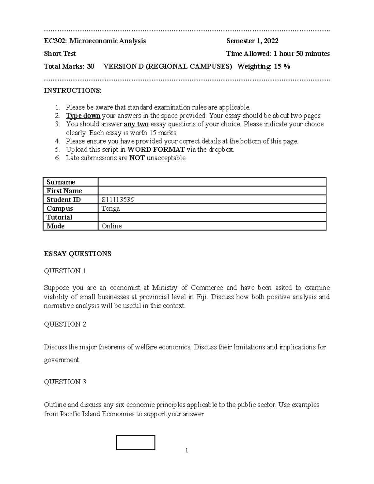 EC302 Short Test - Version D - Regional Campus - - Studocu