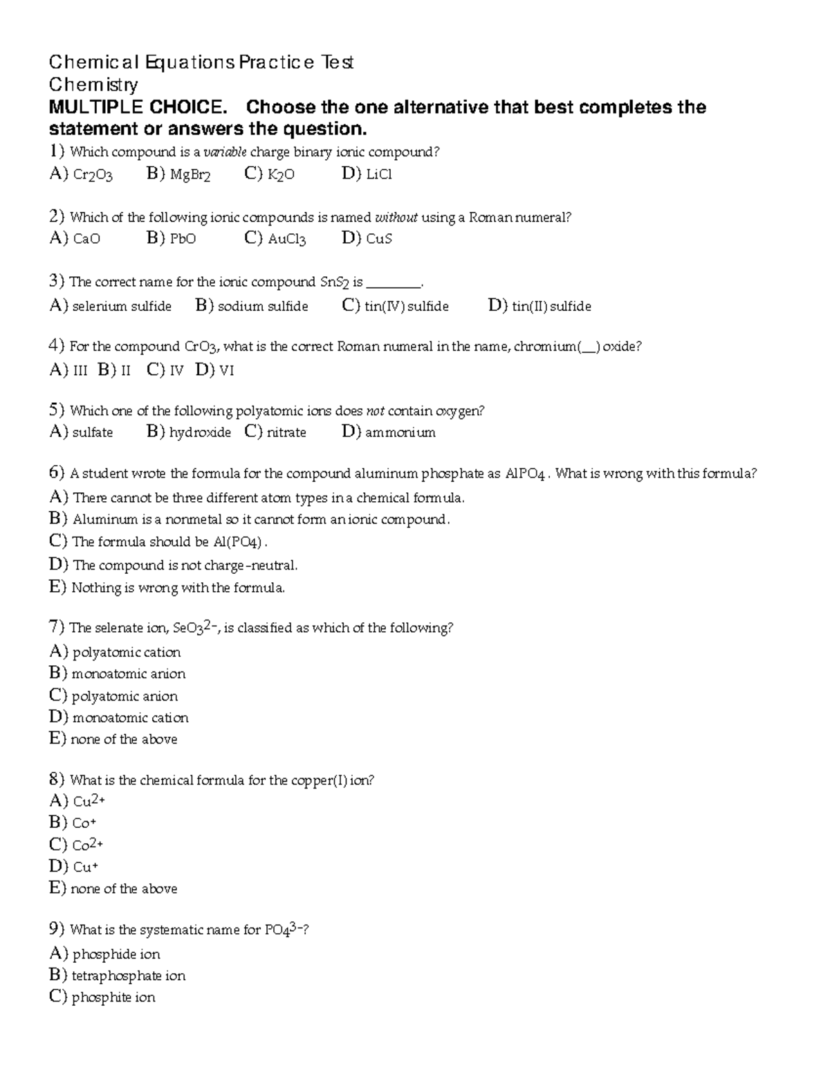 Chem rxn practice test - Taller reacciones quimicas - Chemical ...