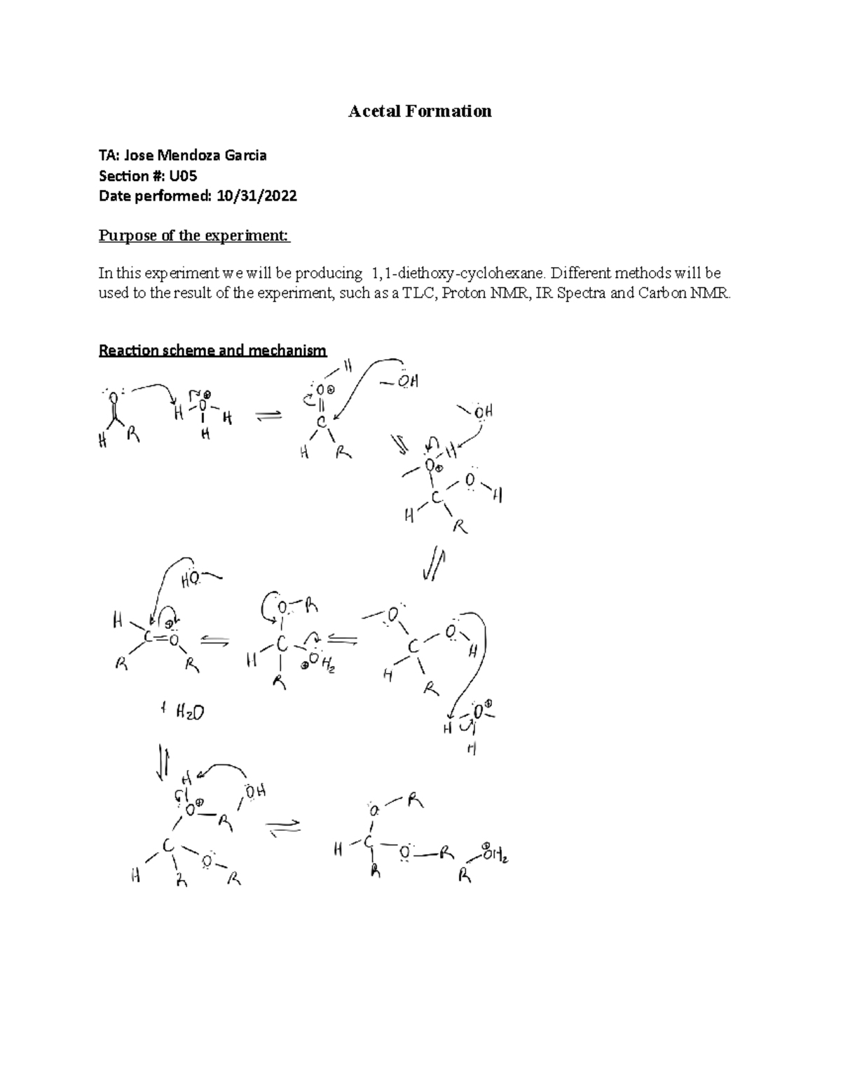 Acetal Formation Lab - Lab - Acetal Formation TA: Jose Mendoza Garcia ...
