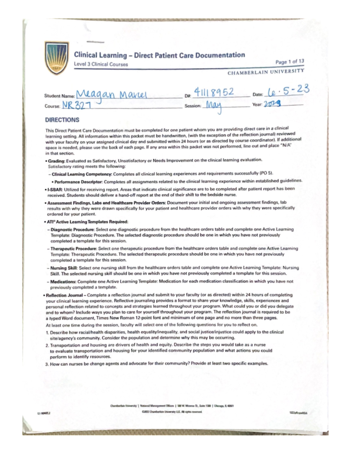 Clinical Learning - Direct Patient Care Documentation - PN 222 - Studocu