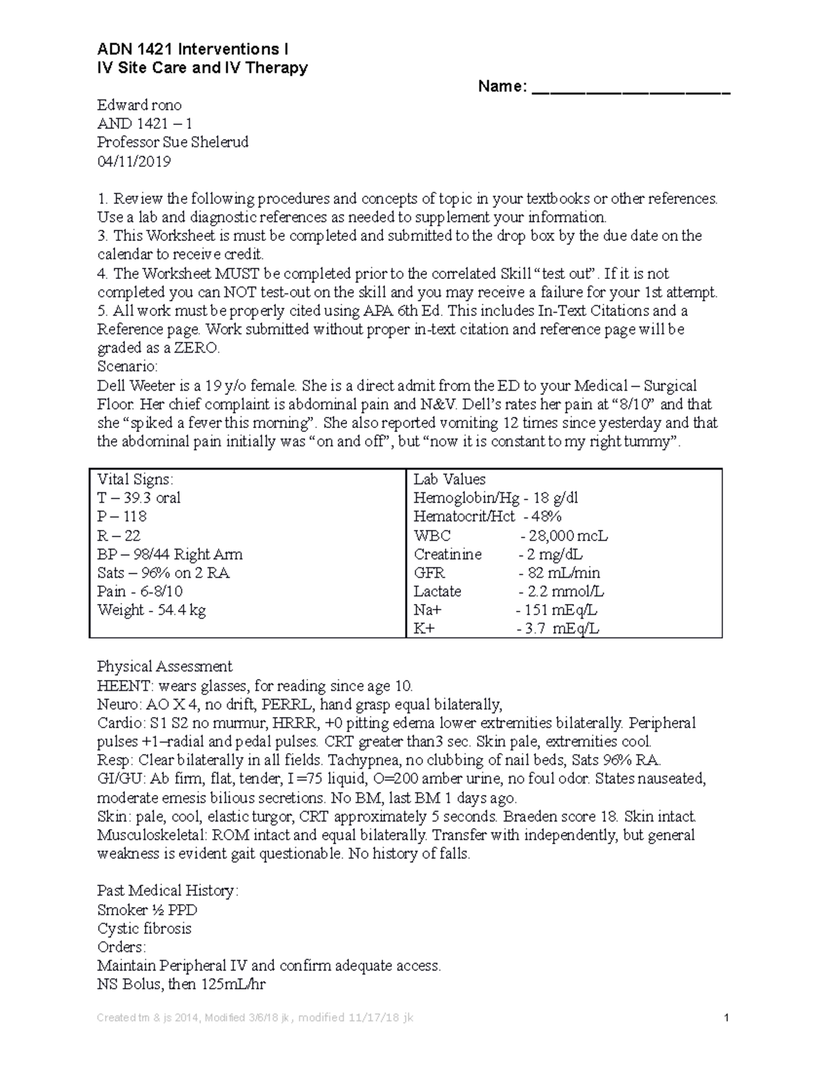 F & E and IV Skill Worksheet Student Copy 1421 (Rono, Edward K) - IV ...