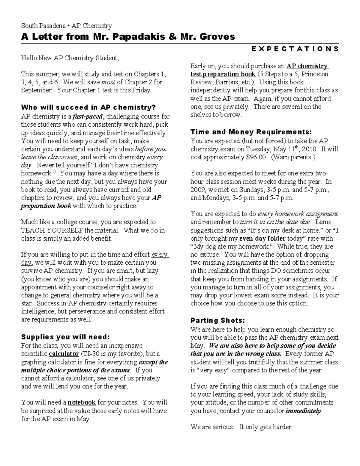 Apch01 expectations - summary - South Pasadena • AP Chemistry A Letter ...