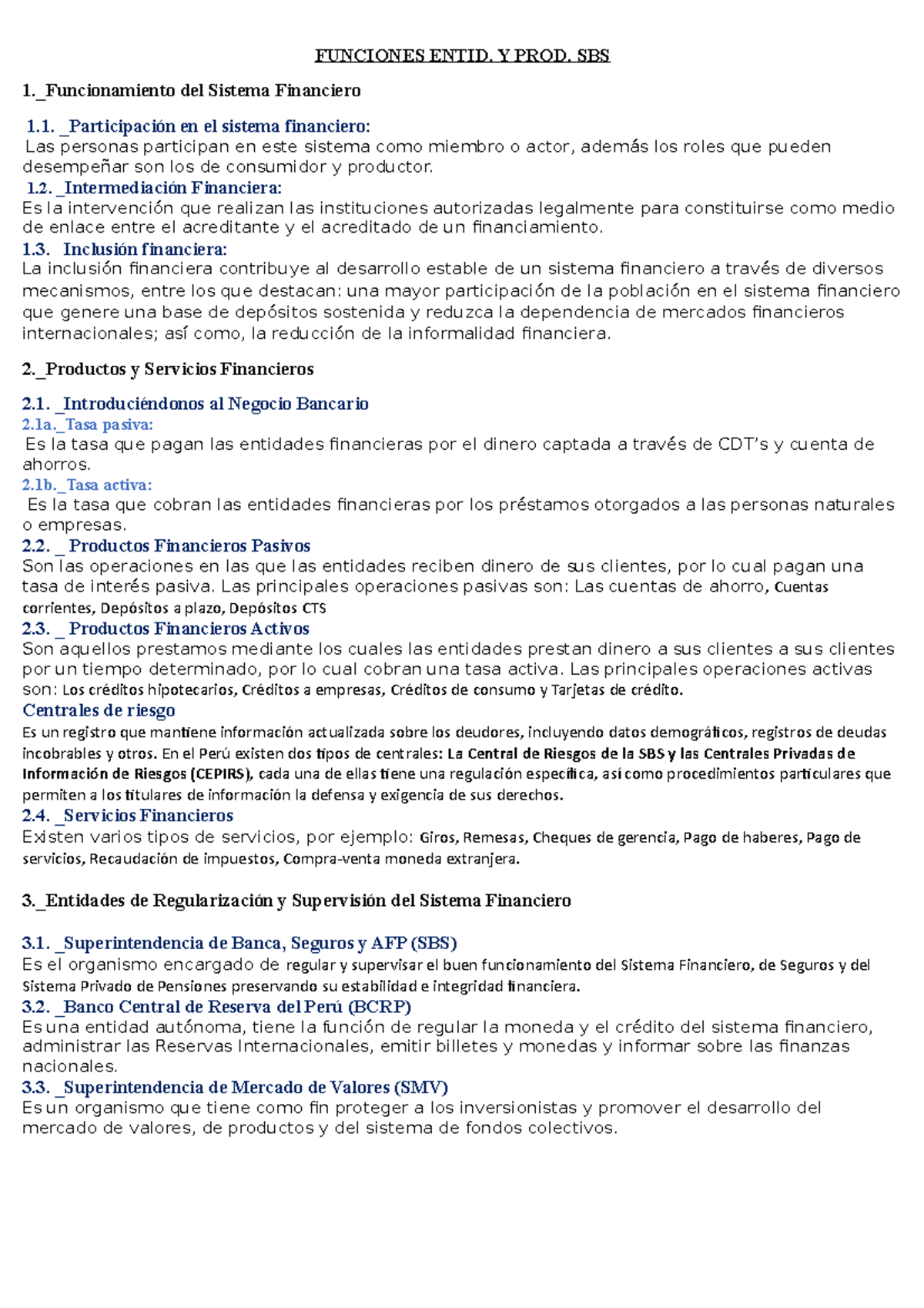 Funcionamiento del sistema financiero - FUNCIONES ENTID. Y PROD. SBS 1 ...